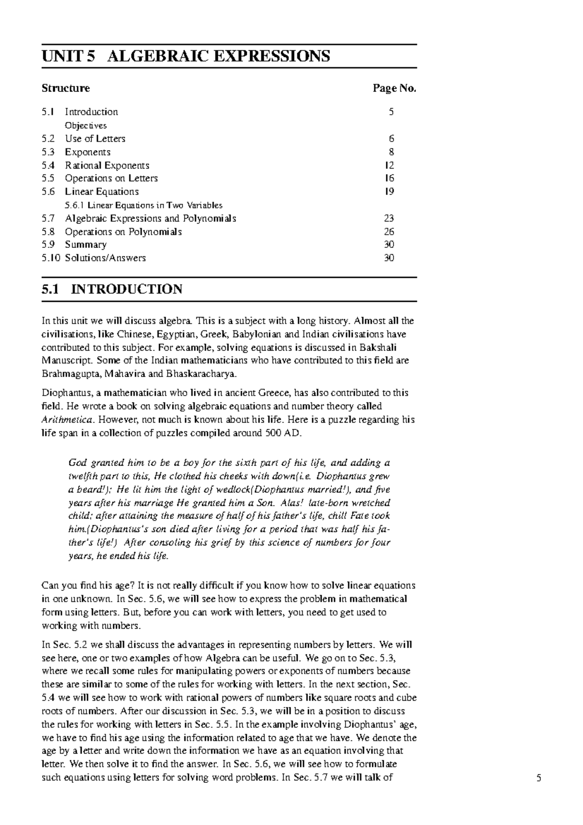 Unit-5 - Notes - UNIT 5 ALGEBRAIC EXPRESSIONS Structure Page No. 5 ...