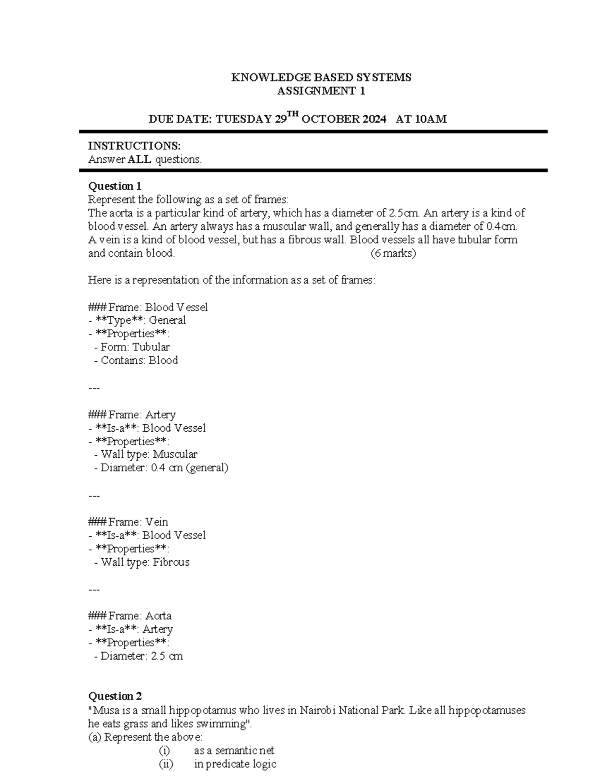 KBS ASS1 OCT 2024 - Knowledge based systems assignment - KNOWLEDGE ...