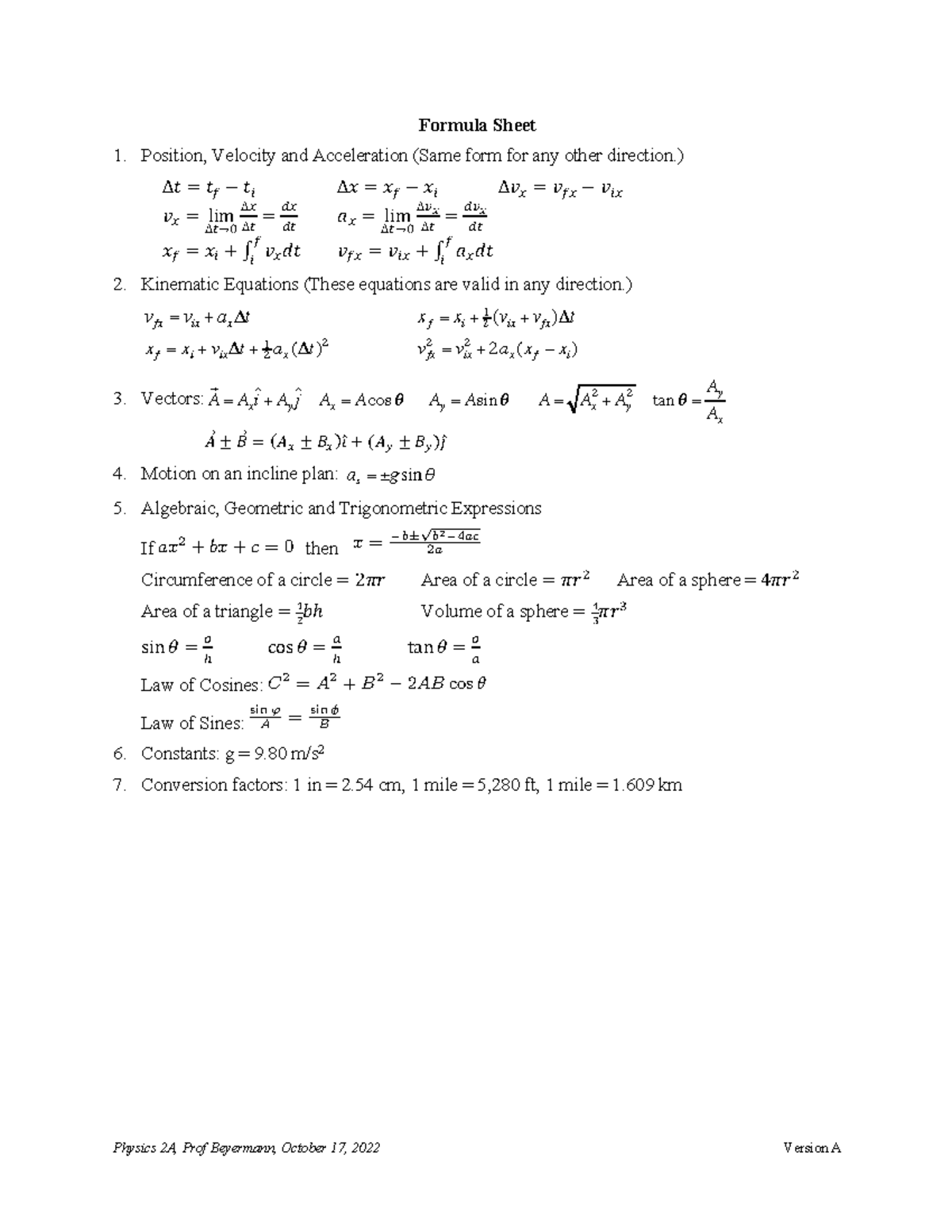 Midterm 1 Formula Sheet for Physics 2A - Prof Beyermann - Studocu