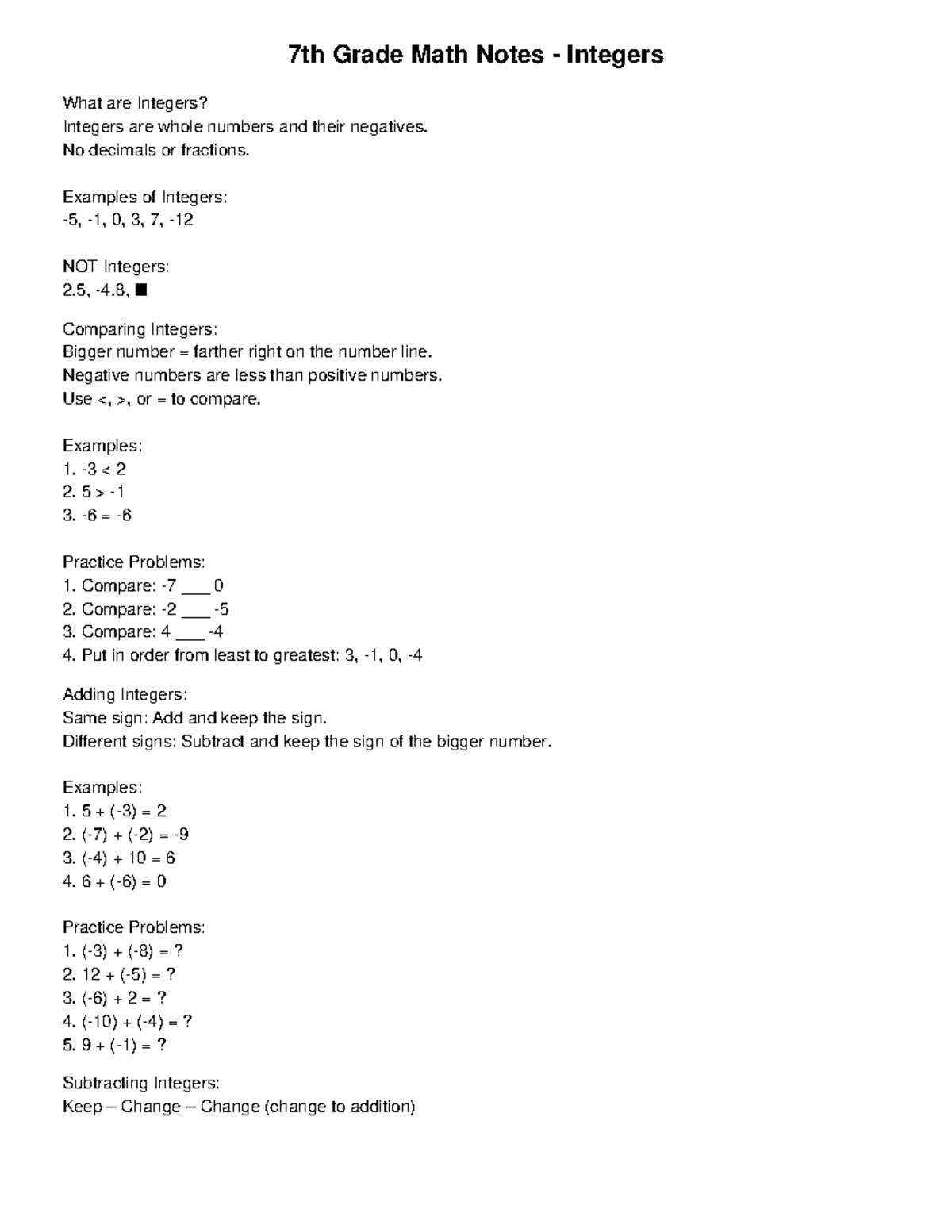 7th Grade Math Notes: Understanding Integers and Operations - Studocu