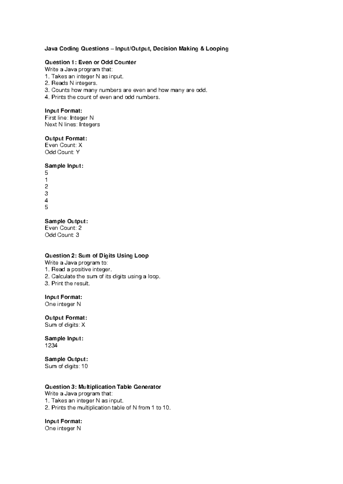 Java Input Output Decision Making Looping Questions - Studocu