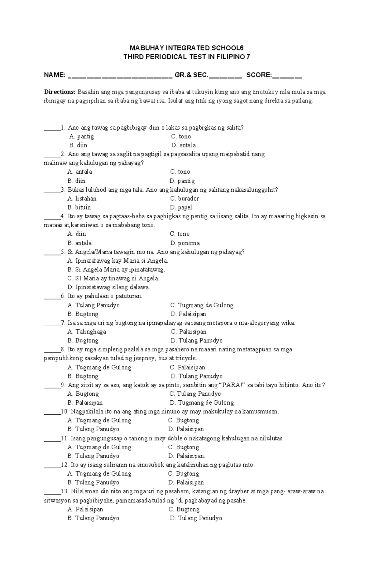 PT 7 Final Test in Filipino: Sample Questions & Instructions - Studocu