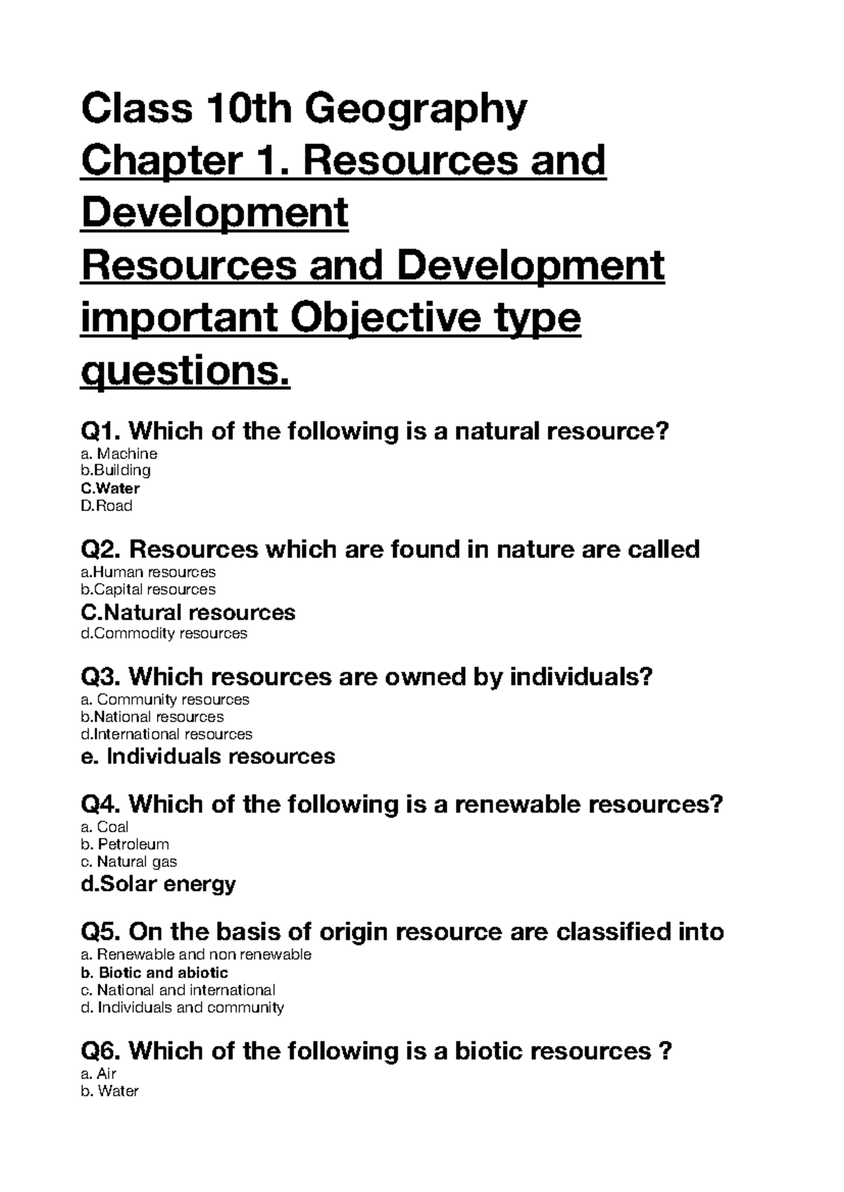 Class 10th Geography Chapter 1: Key Objective Questions on Resources ...