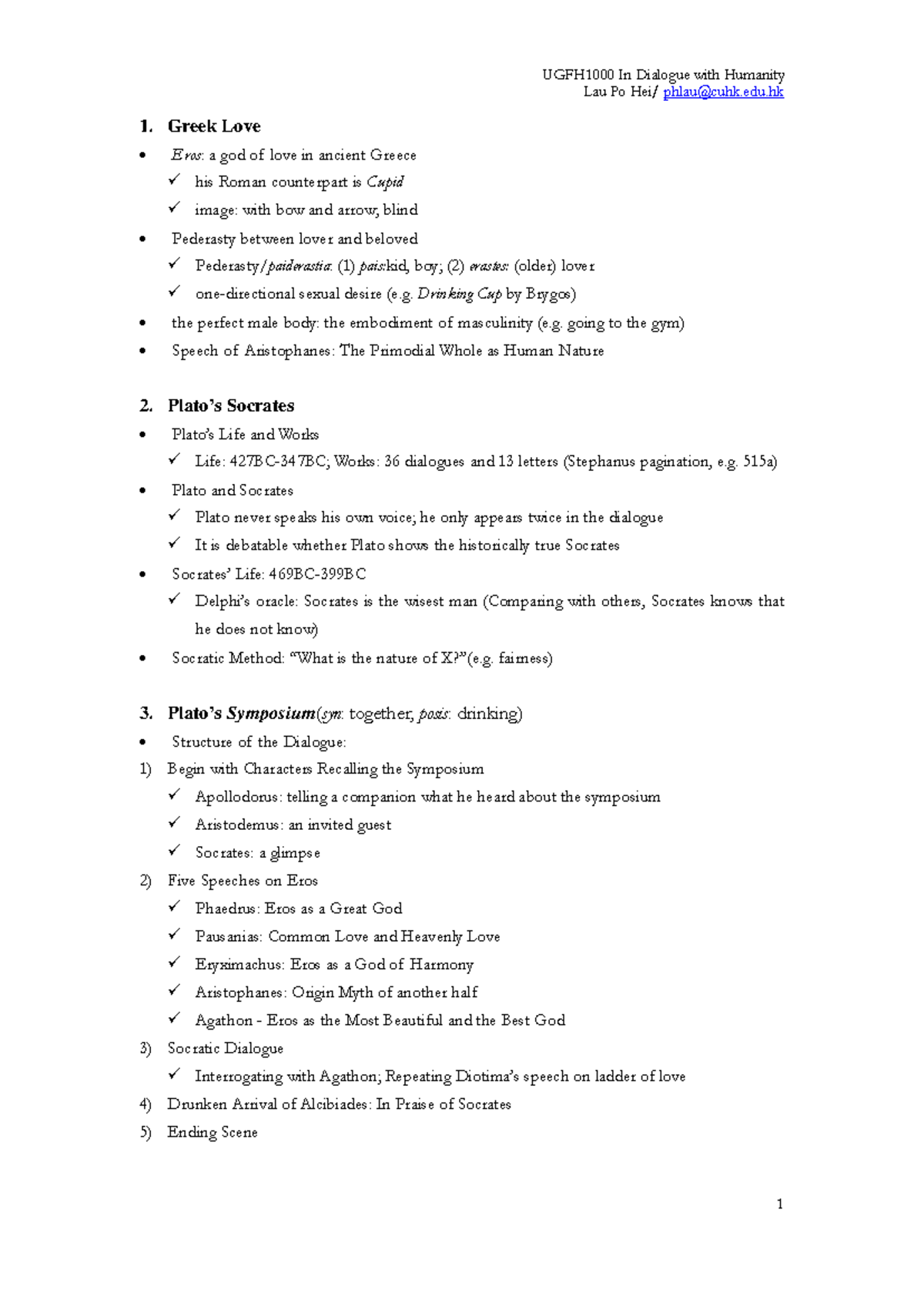 UGFH1000 Symposium Notes: Exploring Love in Plato's Dialogues - Studocu