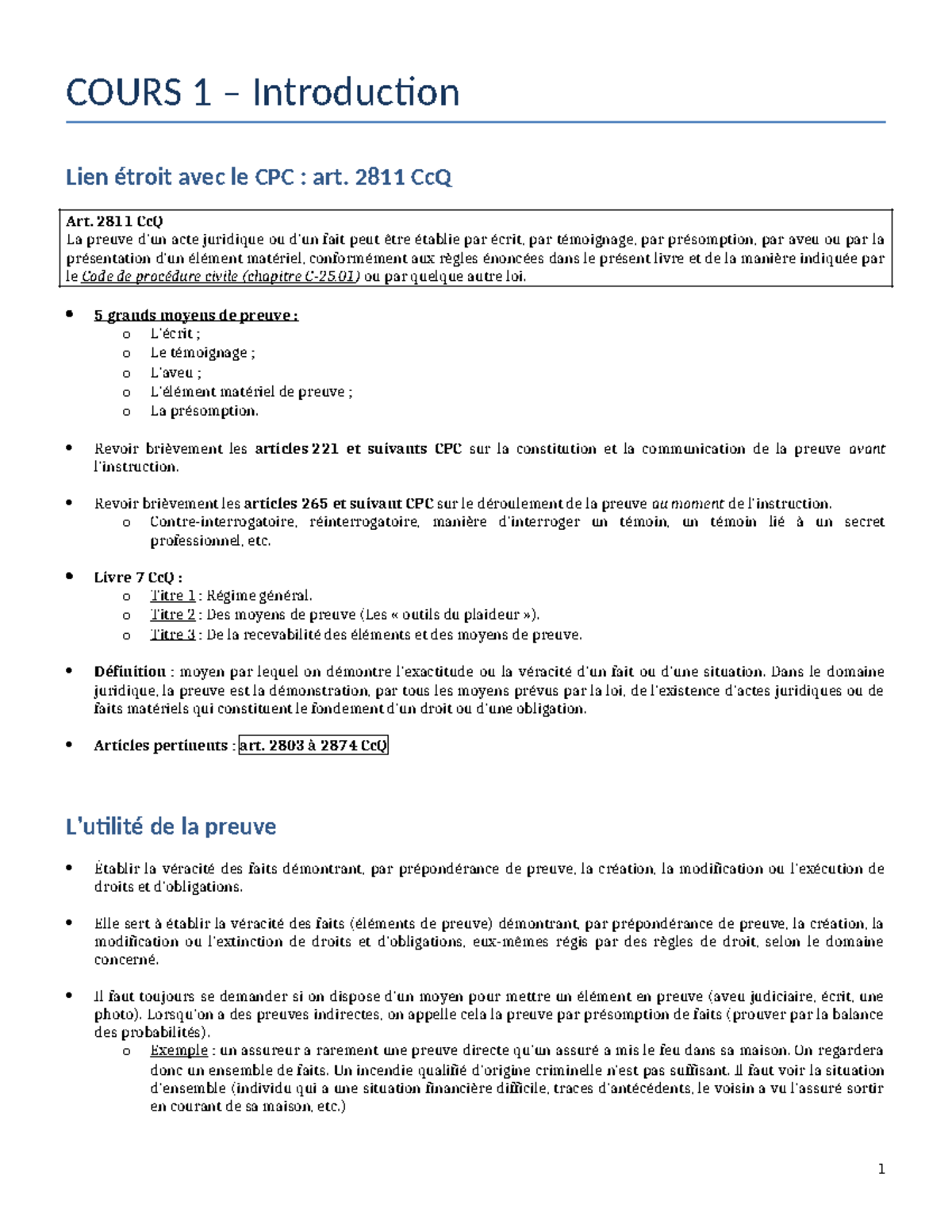 Preuve- Civile-Intégral - COURS 1 – Introduction Lien étroit avec le ...