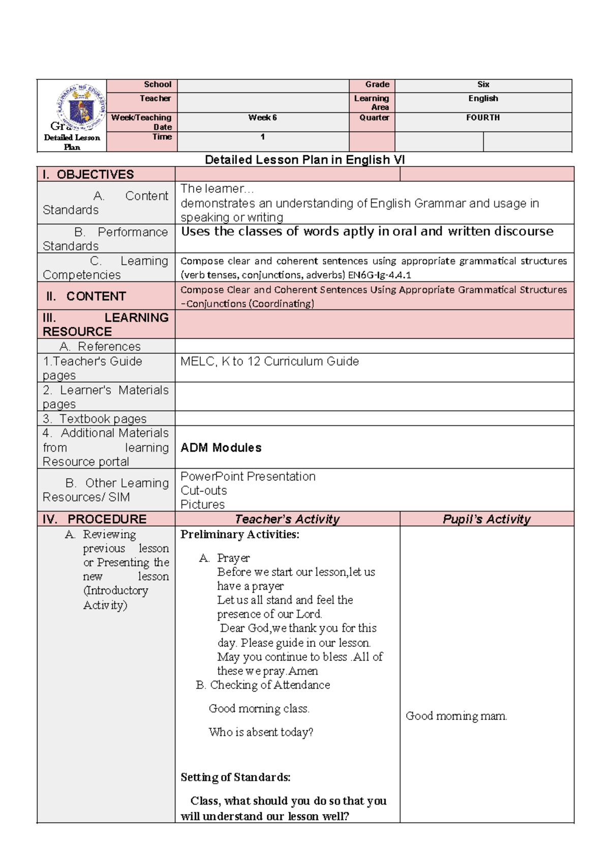 English 6 lesson conjunctions - Grade 5 Detailed Lesson Plan School ...