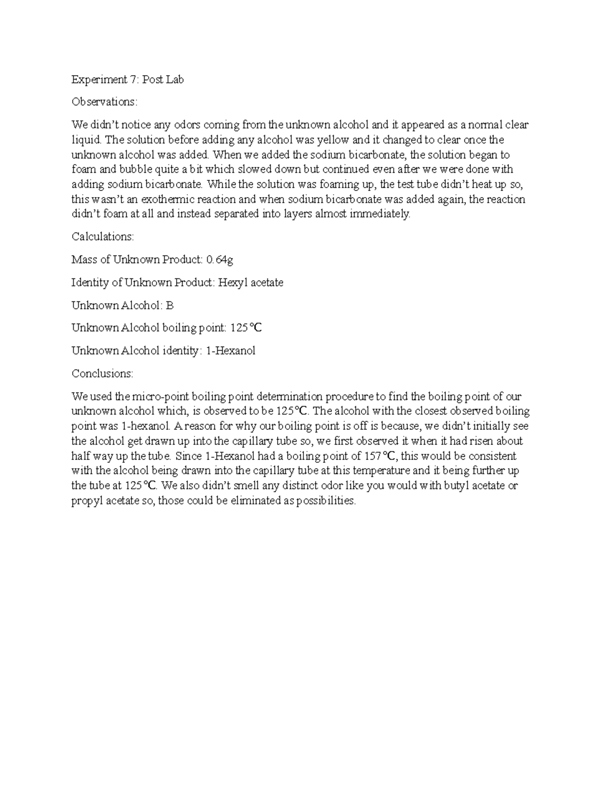 Chemistry 101: Experiment 7 Post Lab Report on Unknown Alcohol Analysis ...