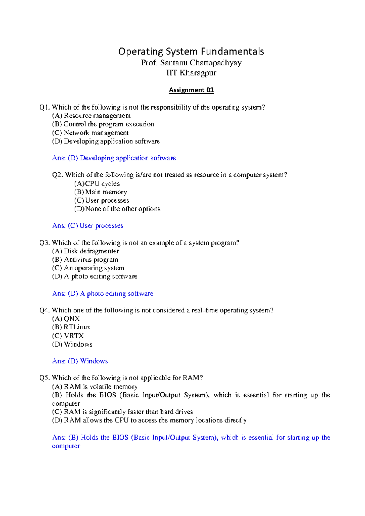 Operating System Fundamentals - NPTEL Assignments (OS 1-12) - Studocu