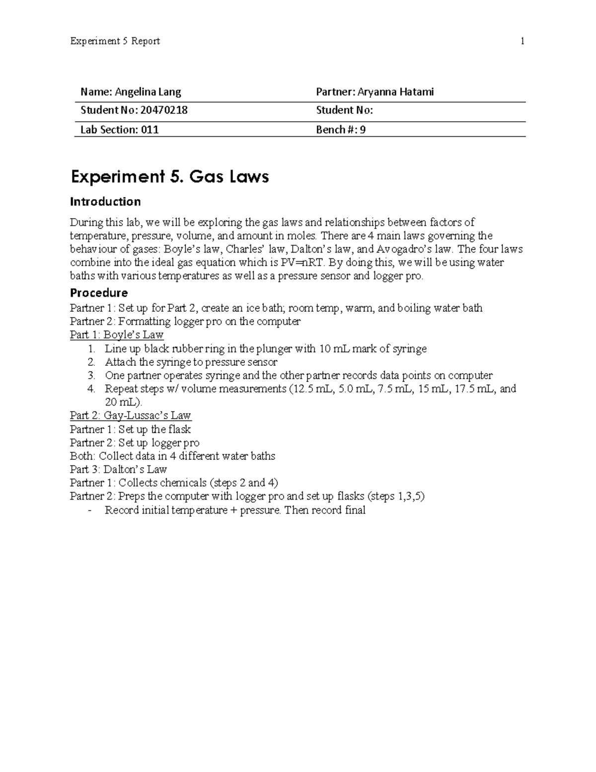 Gas Laws Lab Report - Experiment 5 (Chem 112) - Studocu