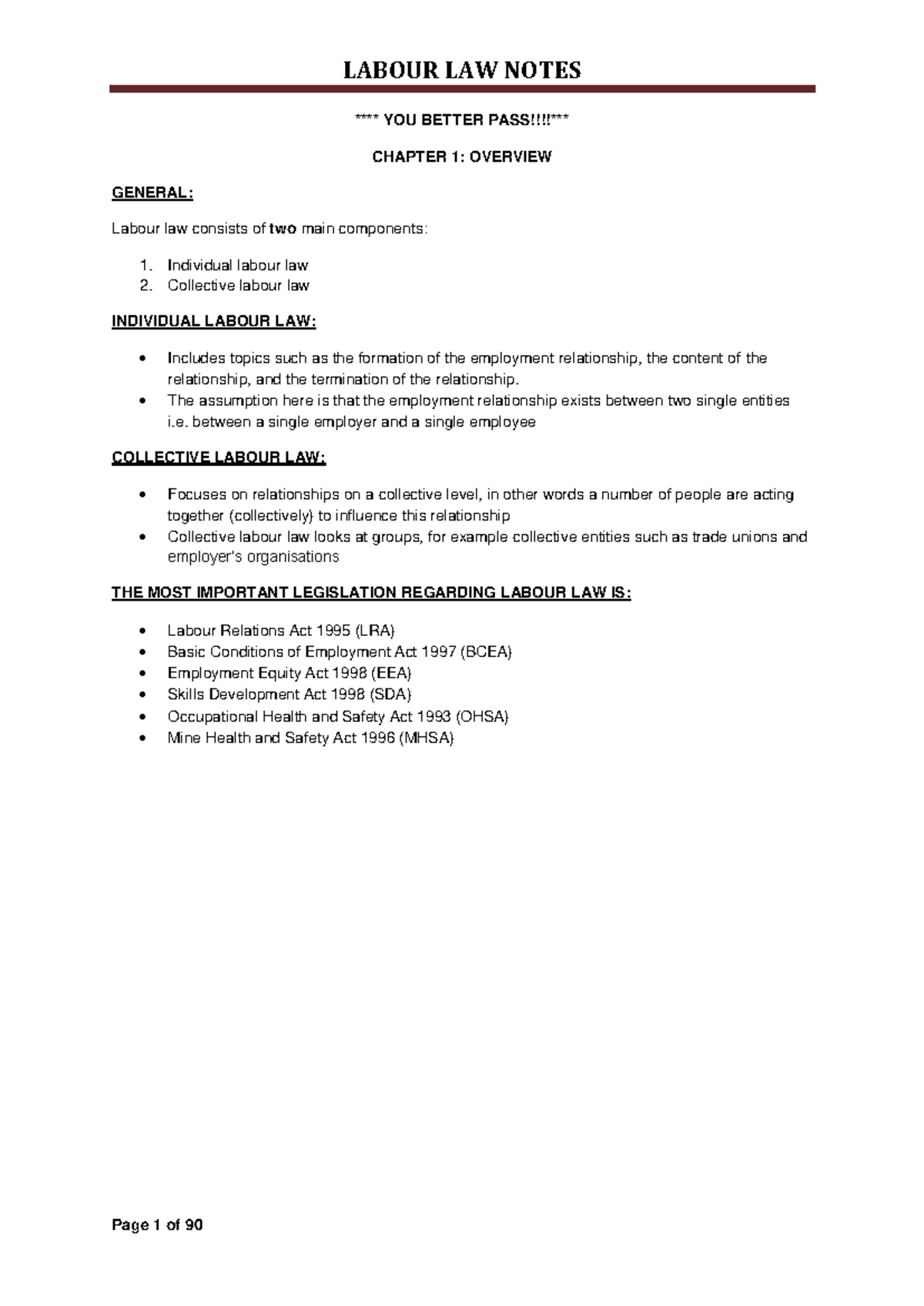 Labour Law Exam Study Notes IURI 222: Key Concepts & Legislation - Studocu