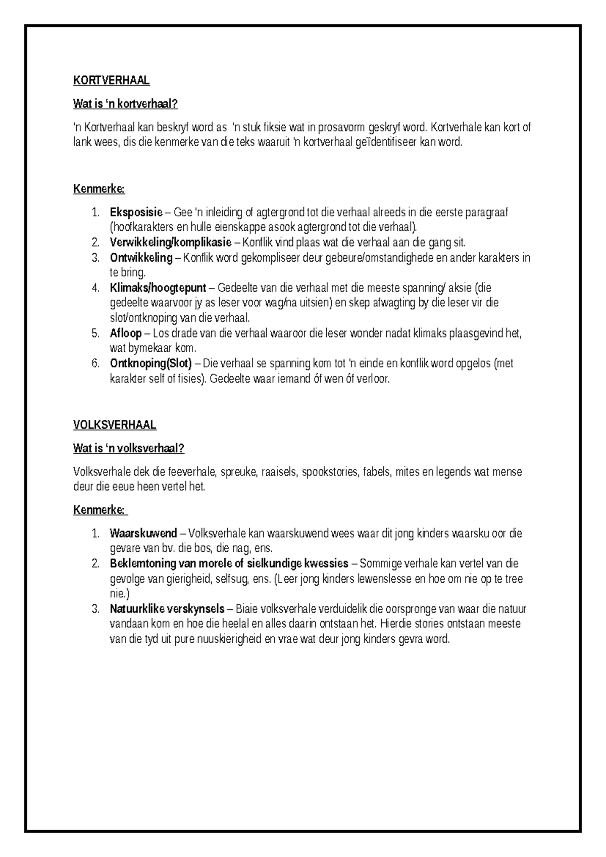 Kenmerke van Kortverhaal en Volksverhaal in Afr Letterkunde (730472159 ...