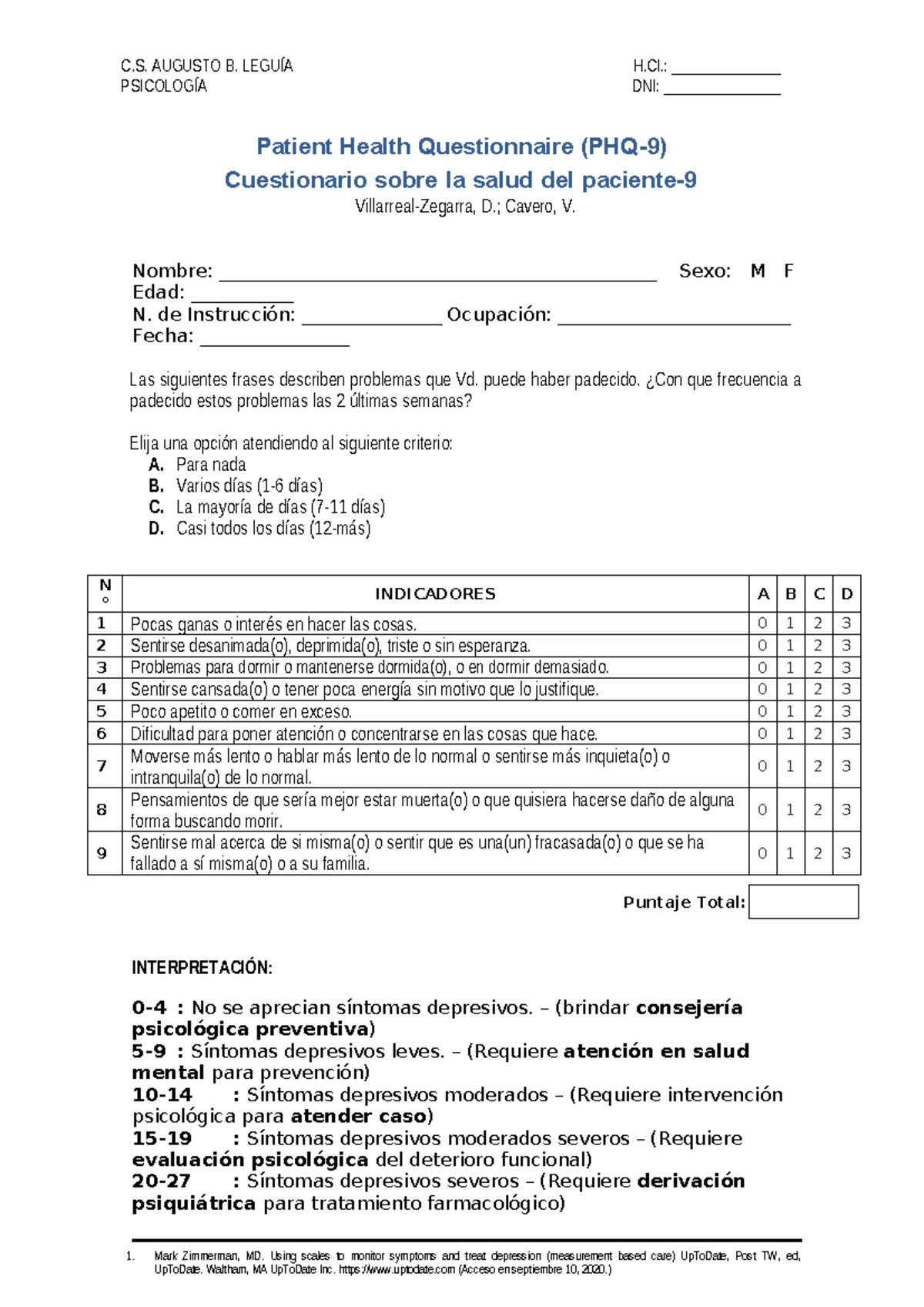 C.S. PSICOLOGÍA H.Cl.: Protocolo PHQ-9 para Evaluación de Salud Mental ...