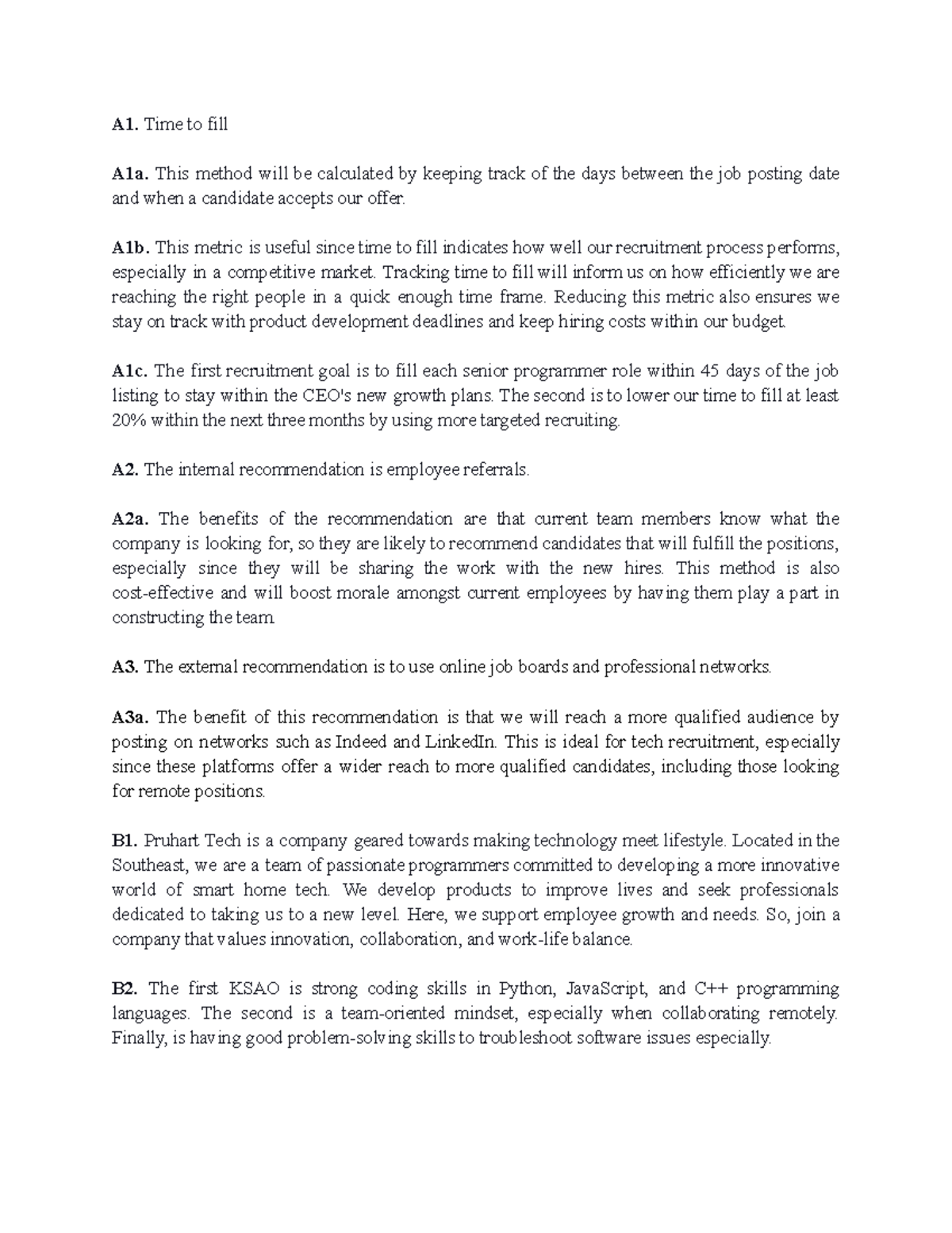 D354 task 2 - Answers to the questions for the HR unit of the business ...