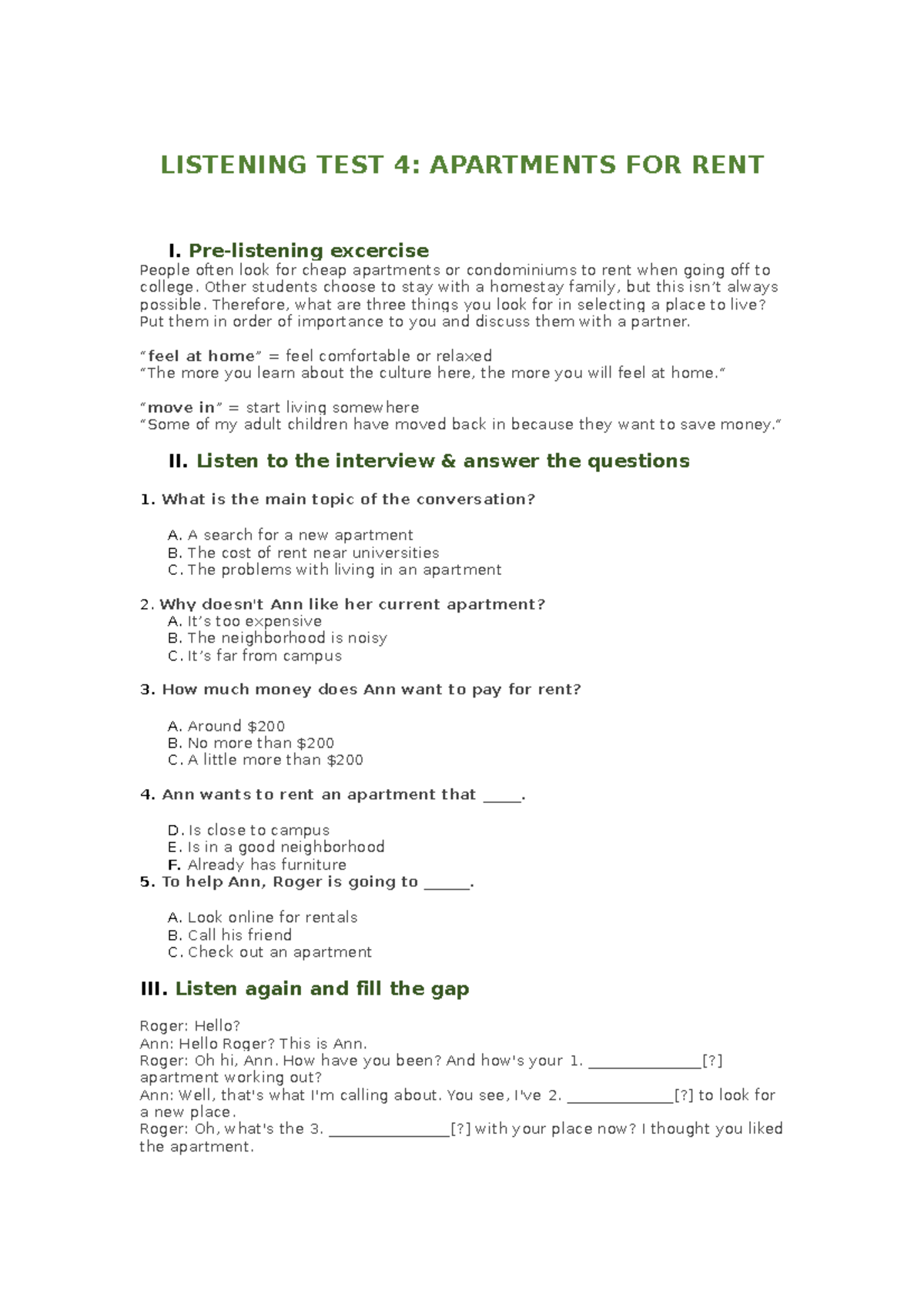 Listening Test 4: Apartments for Rent - Key Insights & Exercises - Studocu