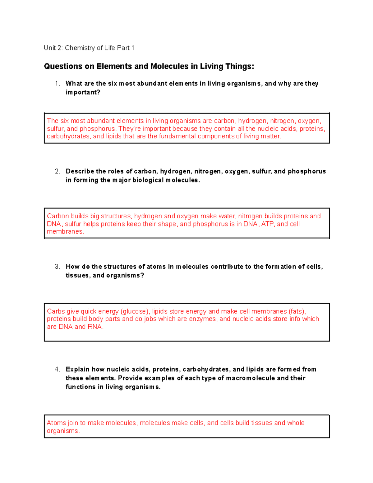 Unit 2: Chemistry of Life Part 1 Review Questions and Key Concepts ...