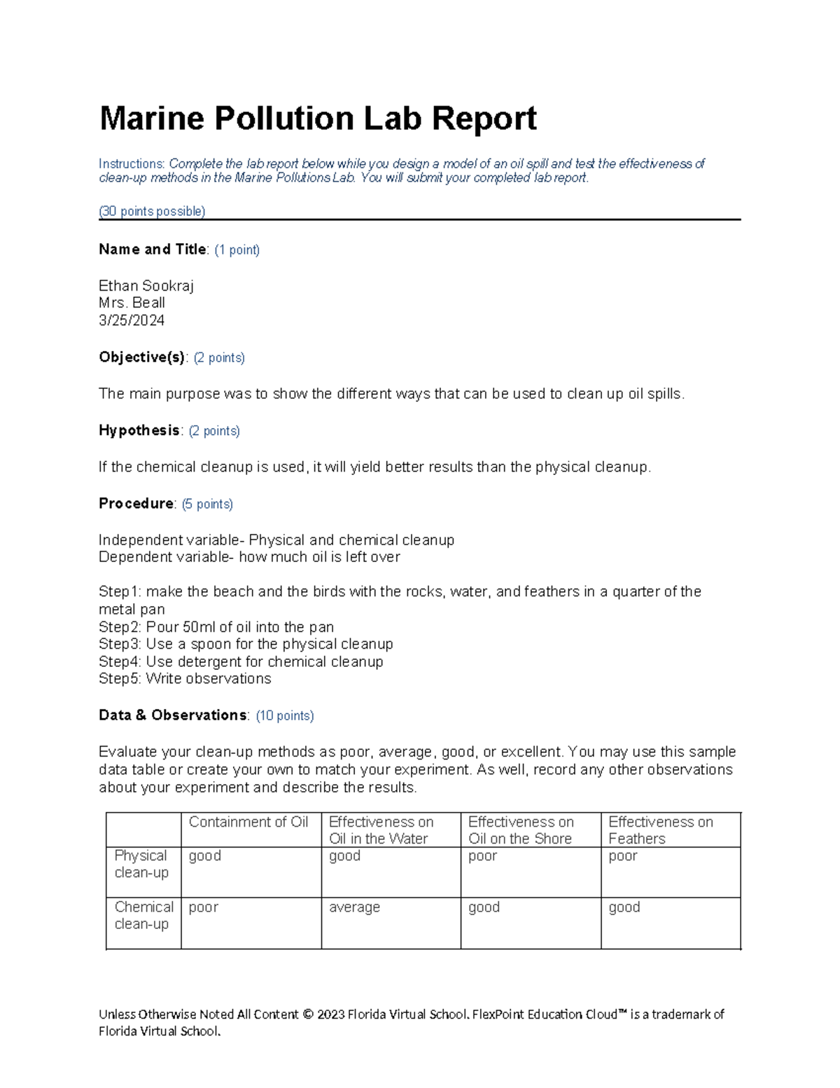 Marine Pollution Lab Report: Analyzing Oil Spill Clean-Up Methods - Studocu