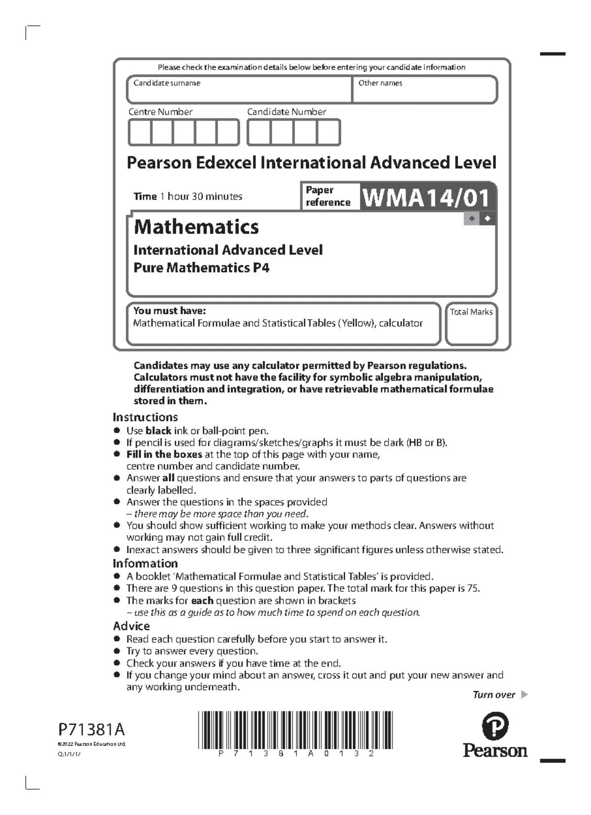 P4 June 2020 - IAL Pure Mathematics Exam Paper (WMA14) - Studocu