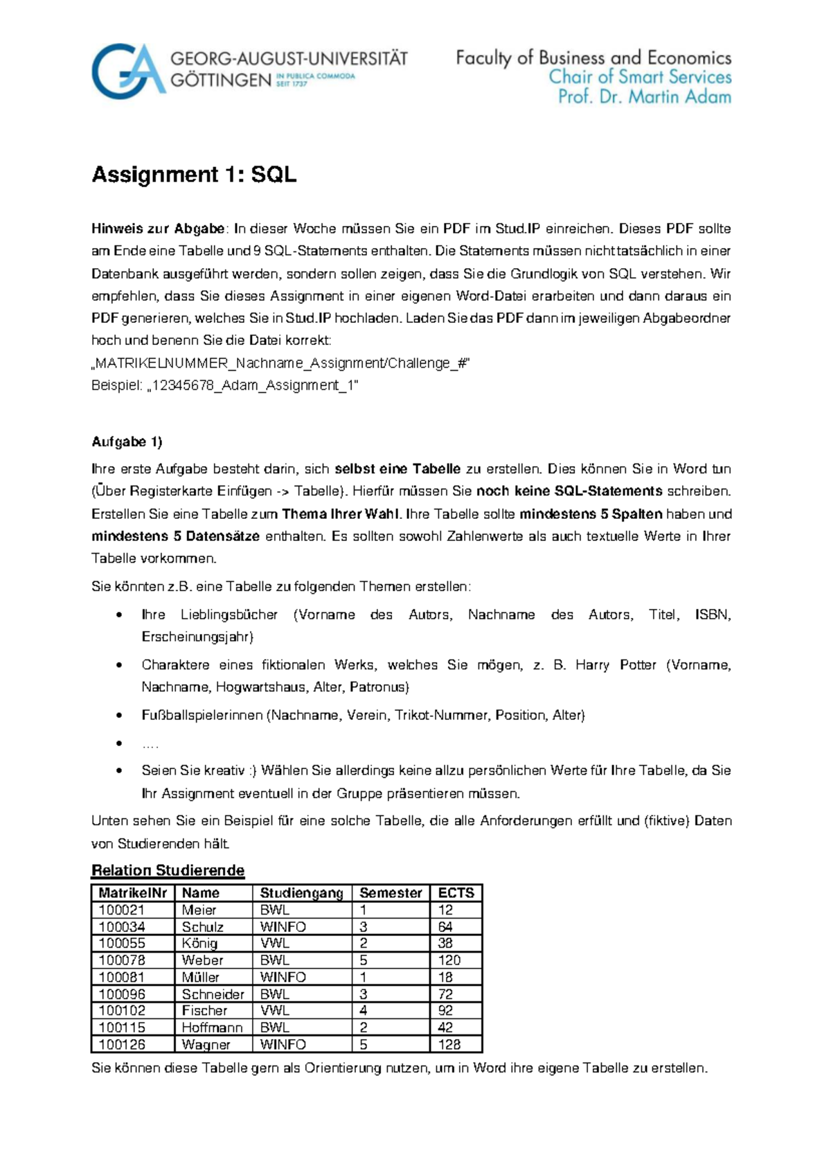 Assignment 1: SQL - Übungsaufgaben und Tabellen erstellen - Studocu