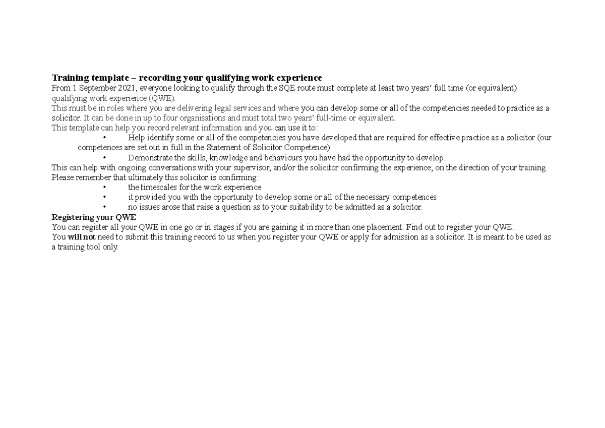 QWE Record Template for SQE Qualification Experience - Studocu