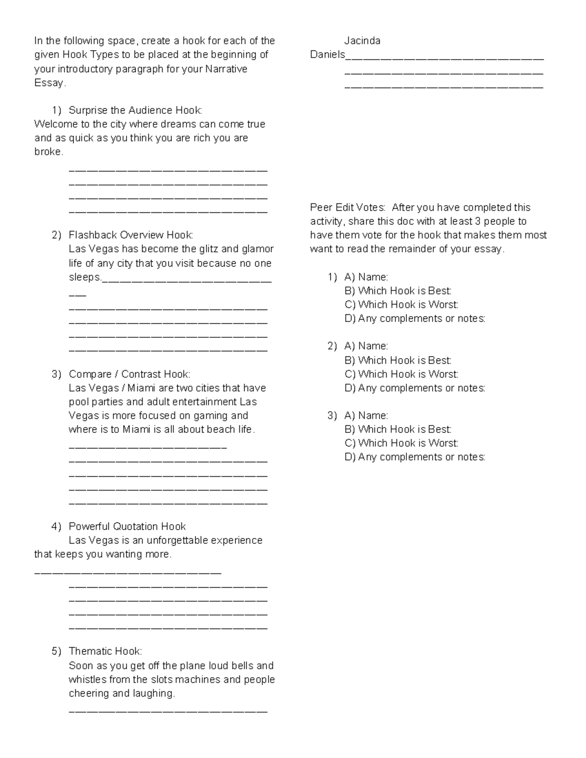 ENG 101 Narrative Essay Hook Worksheet - Studocu
