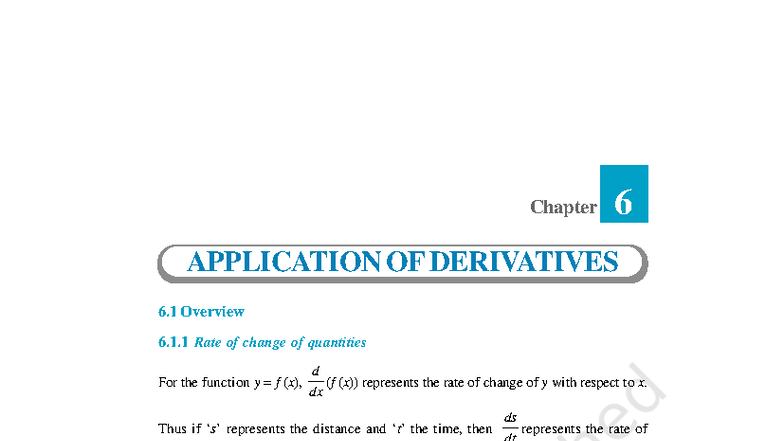 Chapter 6: Application of Derivatives - Overview and Key Concepts - Studocu
