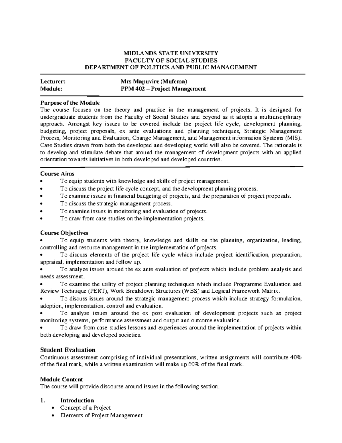 PPM 402 Project Management Module Outline and Course Overview - Studocu