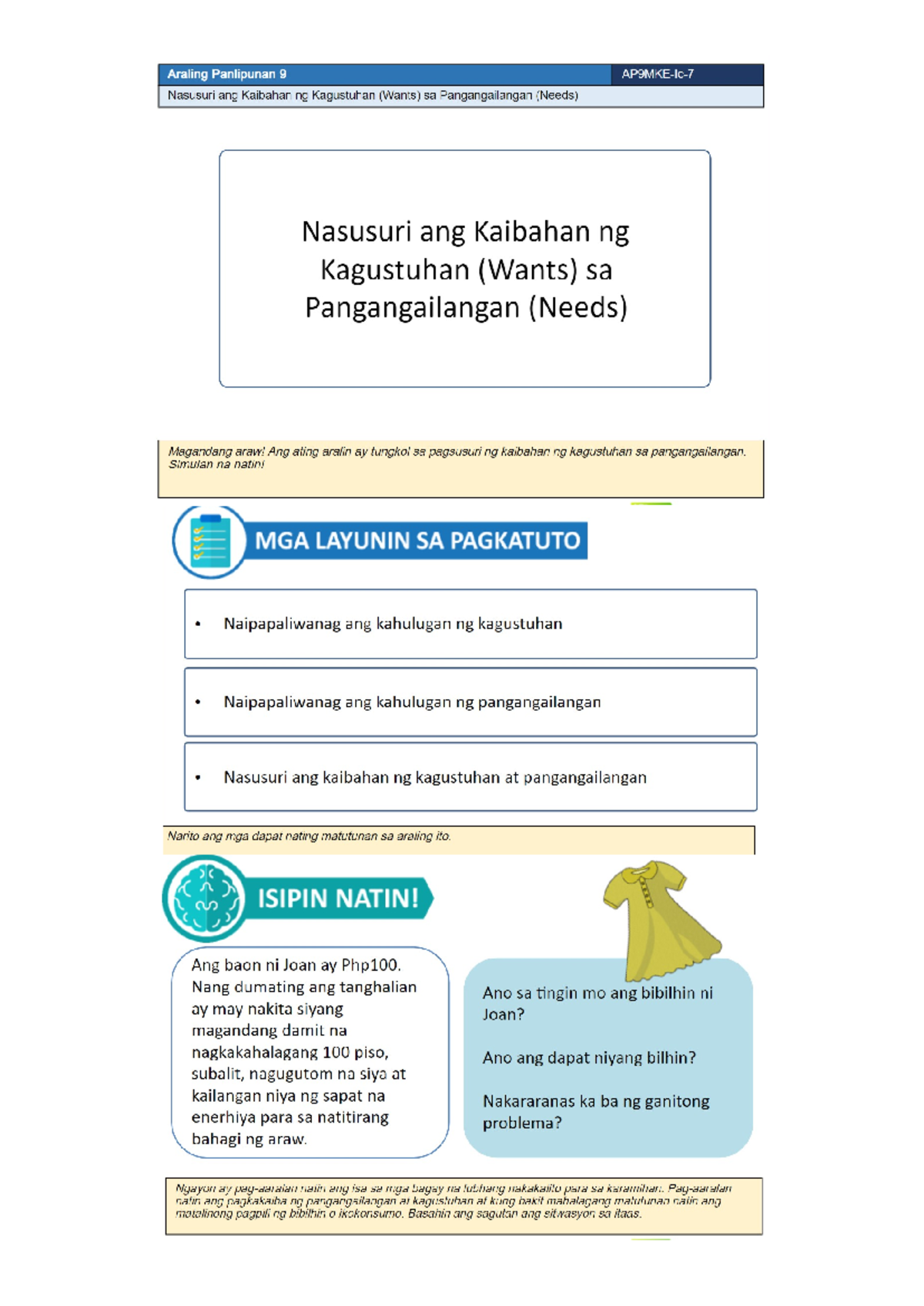 AP9 5: Kaibahan ng Pangangailangan at Kagustuhan sa Ekonomiya - Studocu
