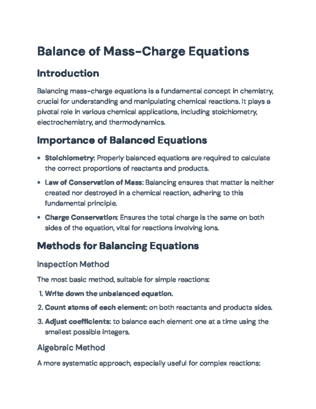Balancing Mass-Charge Equations: Concepts and Applications in Chemistry ...