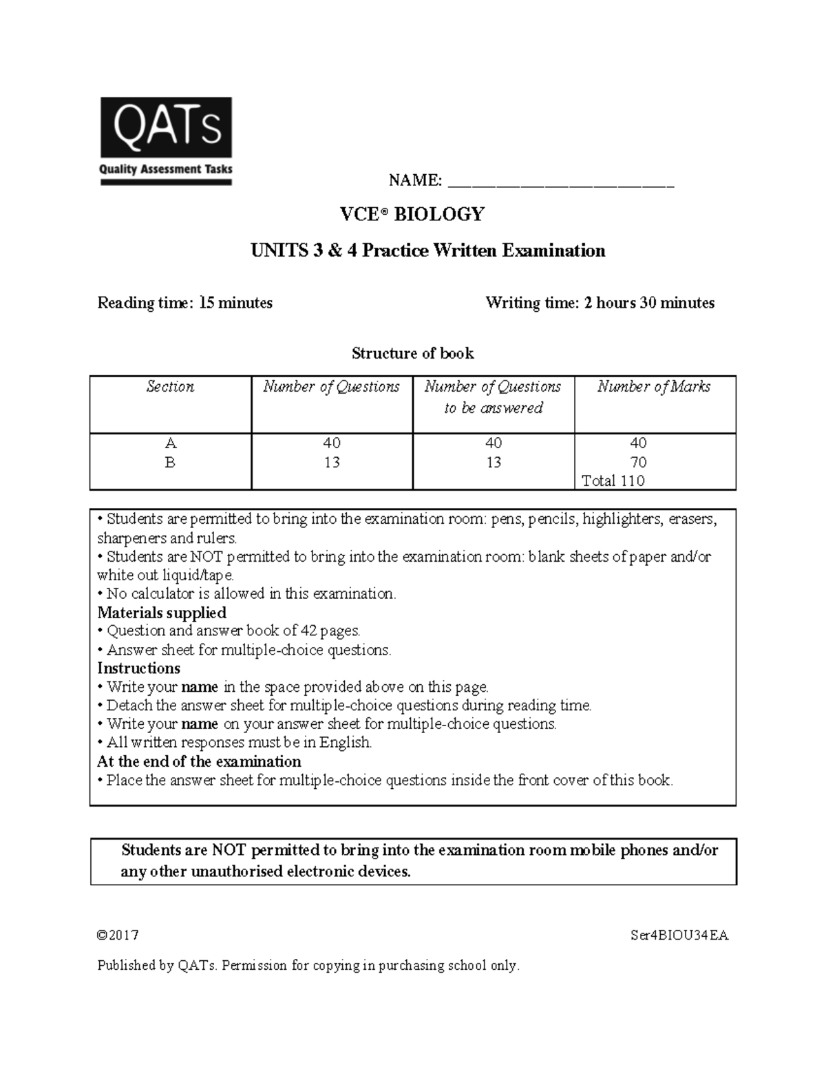 BIOLOGY UNITS 3 & 4 Practice Written Examination Guide - Studocu