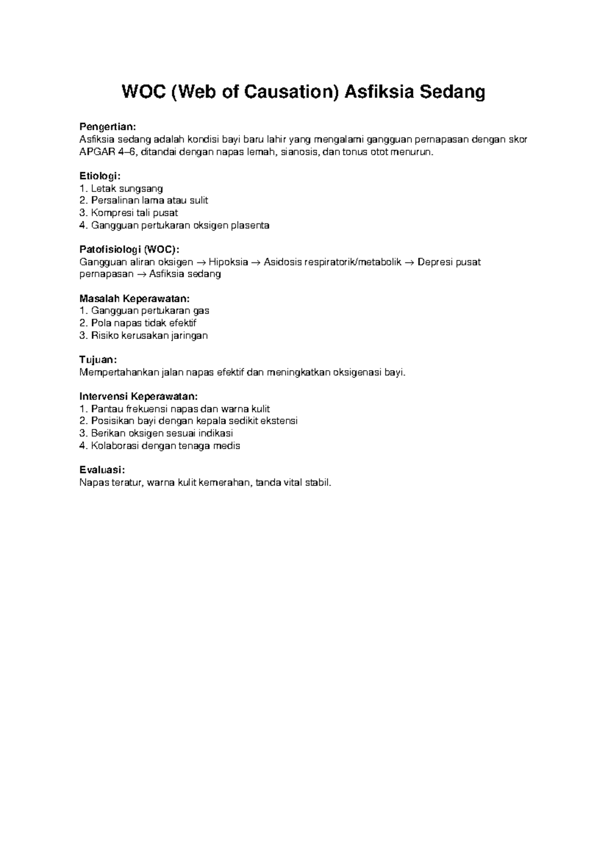 WOC Asfiksia Sedang: Penanganan dan Intervensi Keperawatan - Studocu