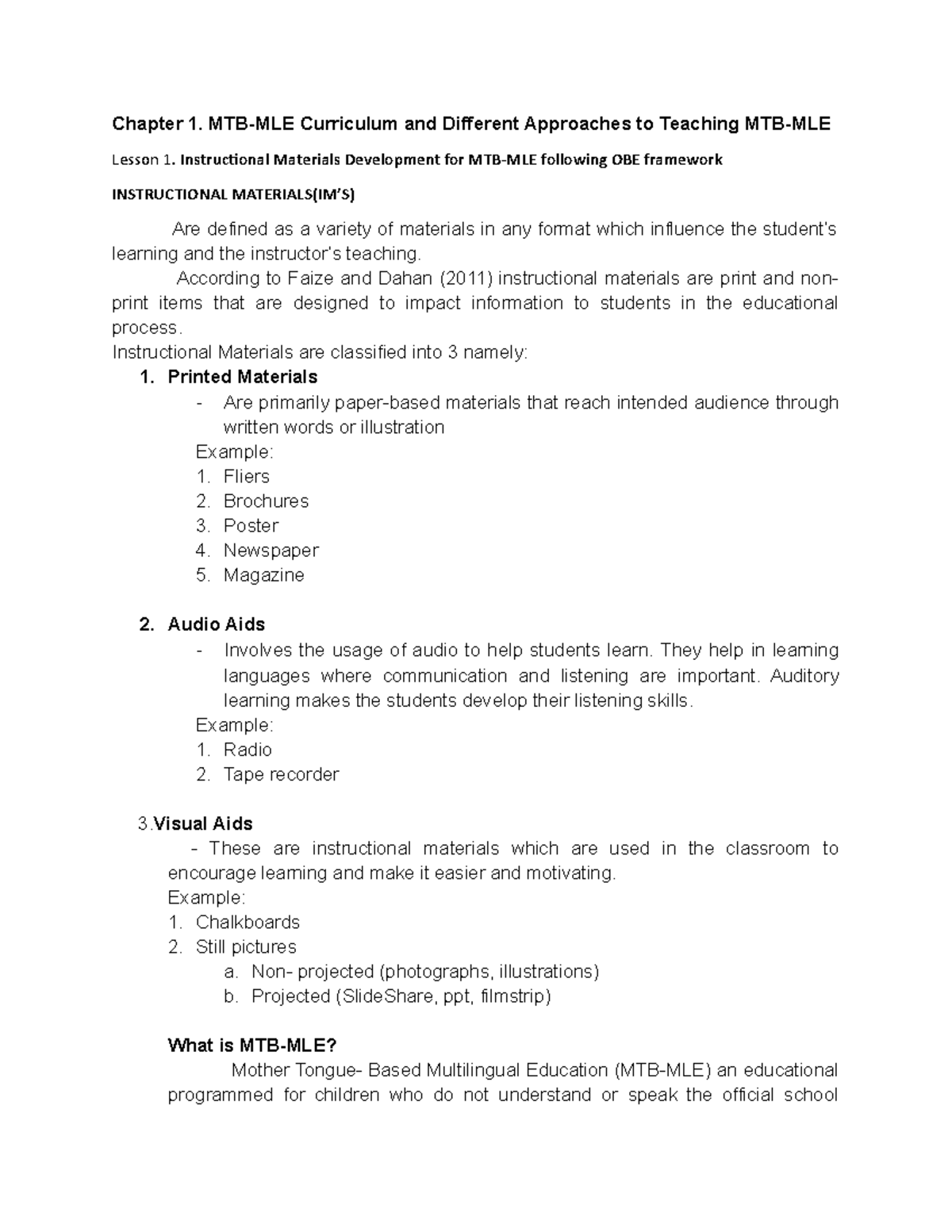 Group 1 Report MTB MLE - Answer - Chapter 1. MTB-MLE Curriculum and Different Approaches to ...