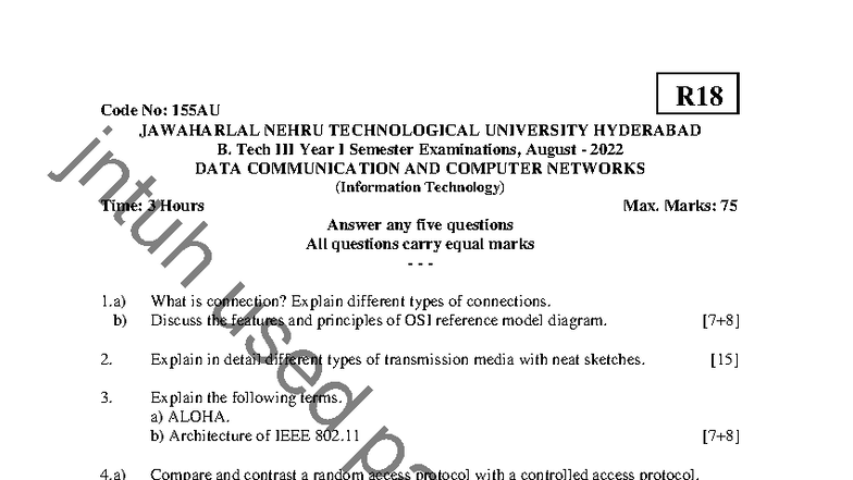 B.Tech I Sem Aug 2022 - Data Communication & Computer Networks QP - Studocu