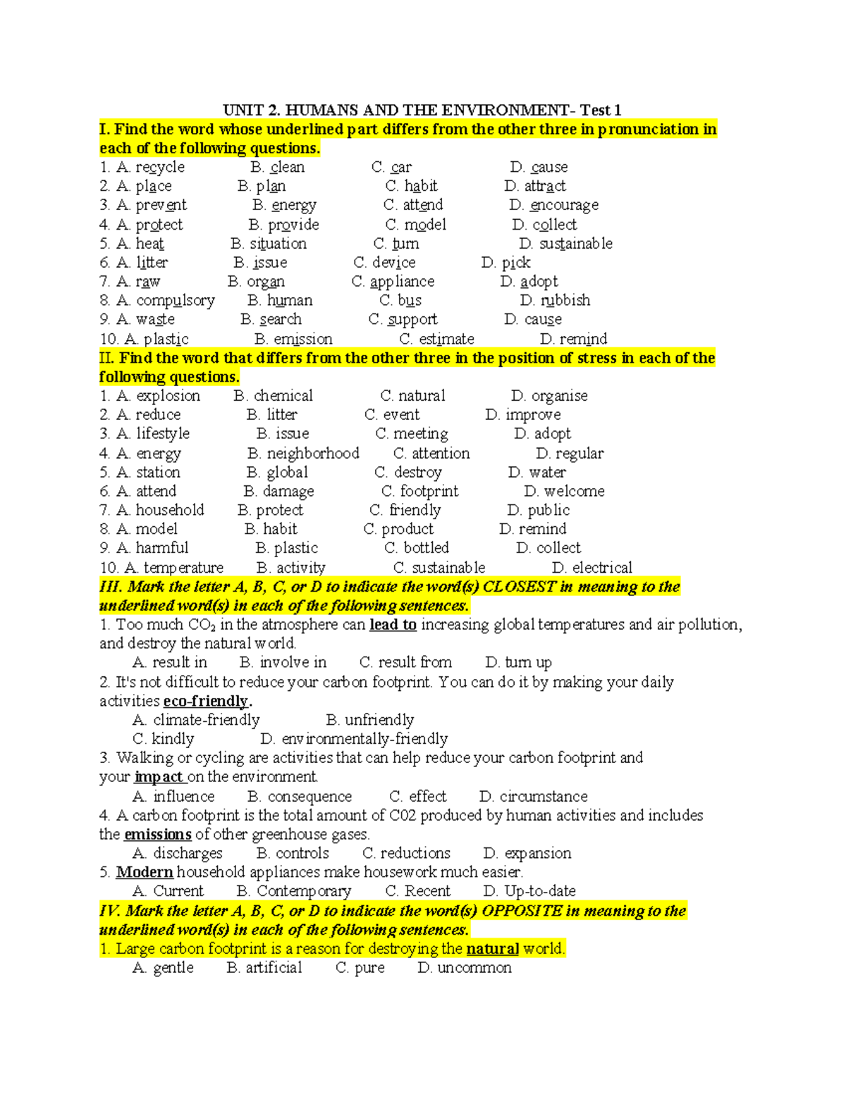 UNIT 2 - Humans and the Environment: Test 1 Exam Review - Studocu