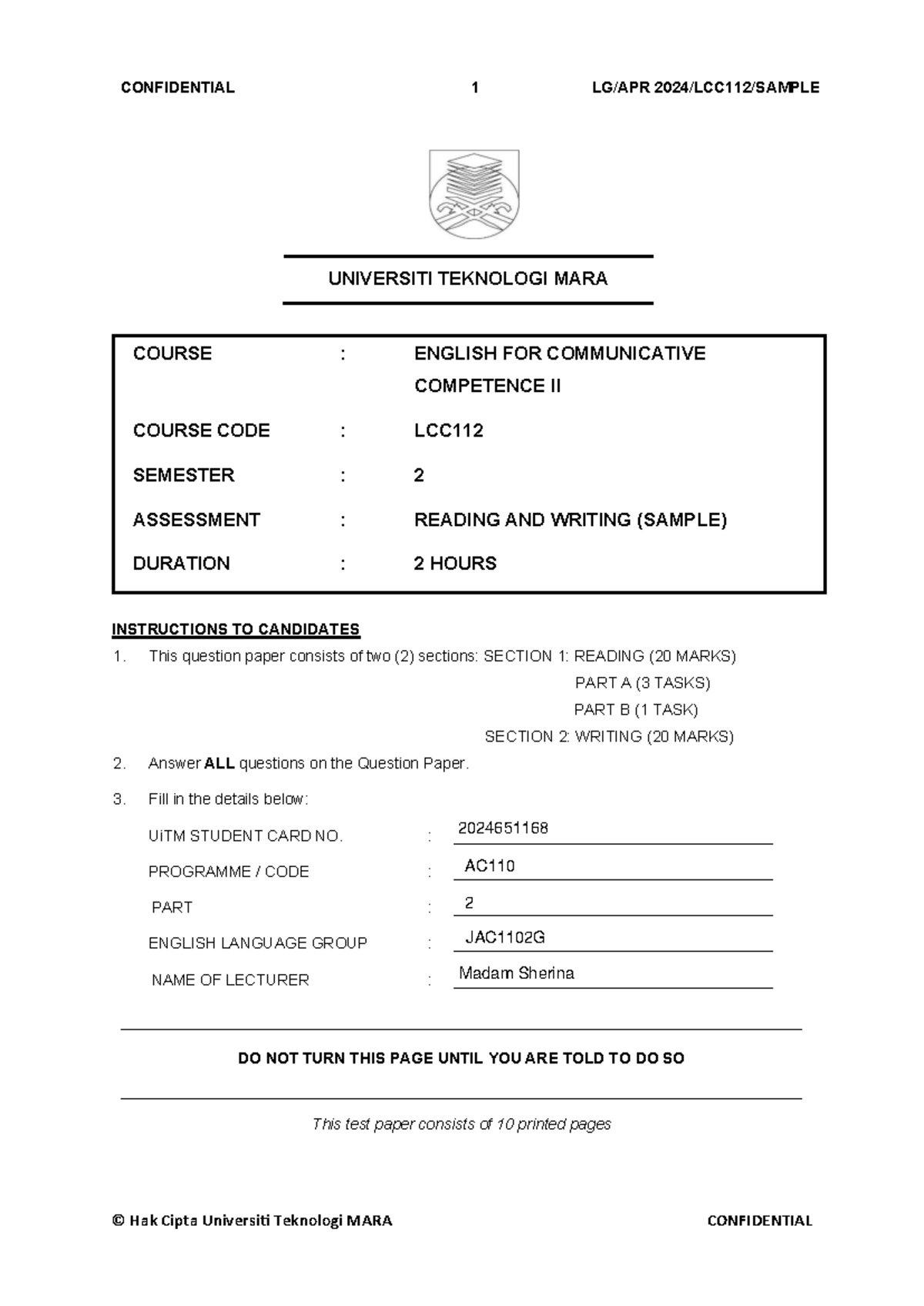 LCC112 Reading & Writing Assessment Sample - April 2024 - Studocu