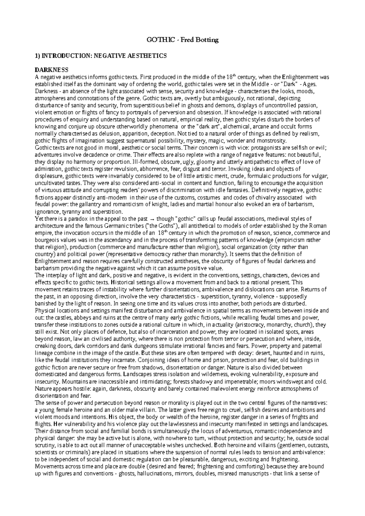 Gothic - Fred Botting - GOTHIC Fred Botting 1) INTRODUCTION: NEGATIVE ...