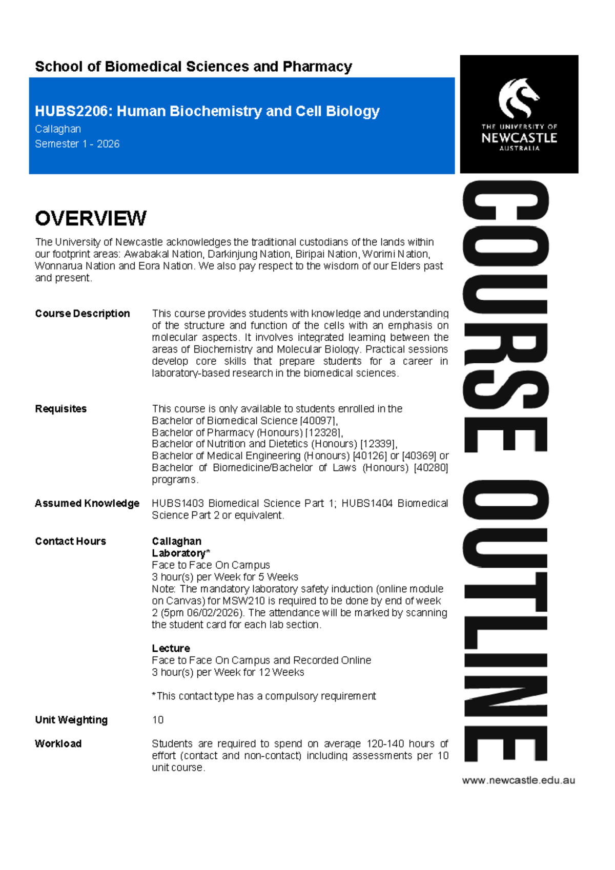 HUBS2206: Human Biochemistry & Cell Biology Course Outline - Sem 1 2026 ...