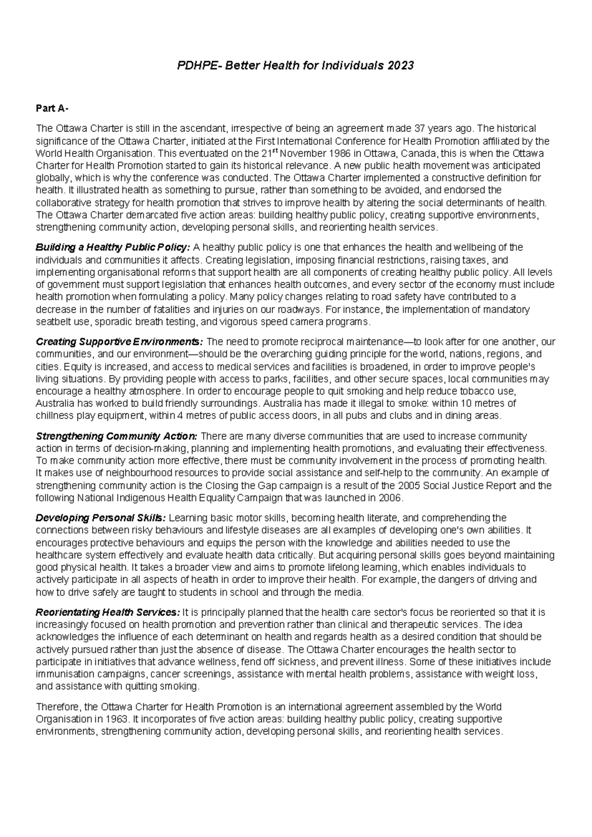 Ottawa Charter Essay - PDHPE- Better Health for Individuals 2023 Part A ...