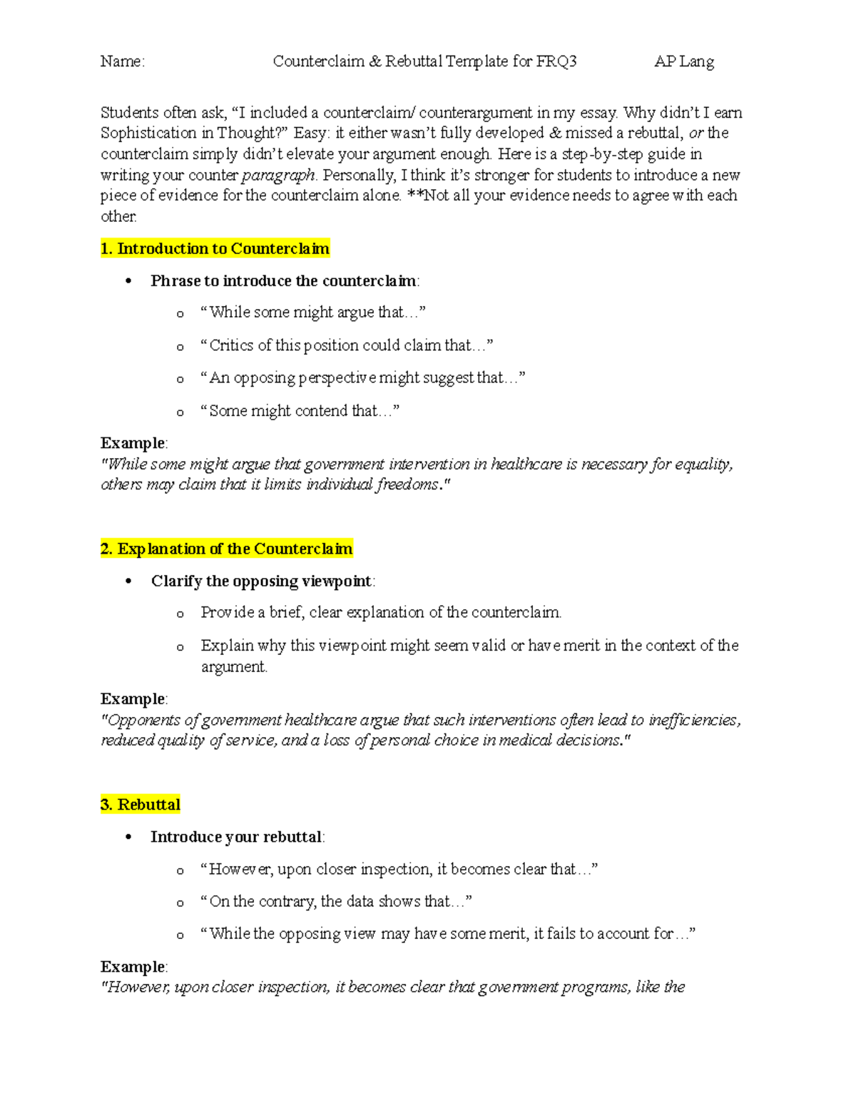 Counterclaim & Rebuttal Guide for FRQ3 AP Lang Students - Studocu