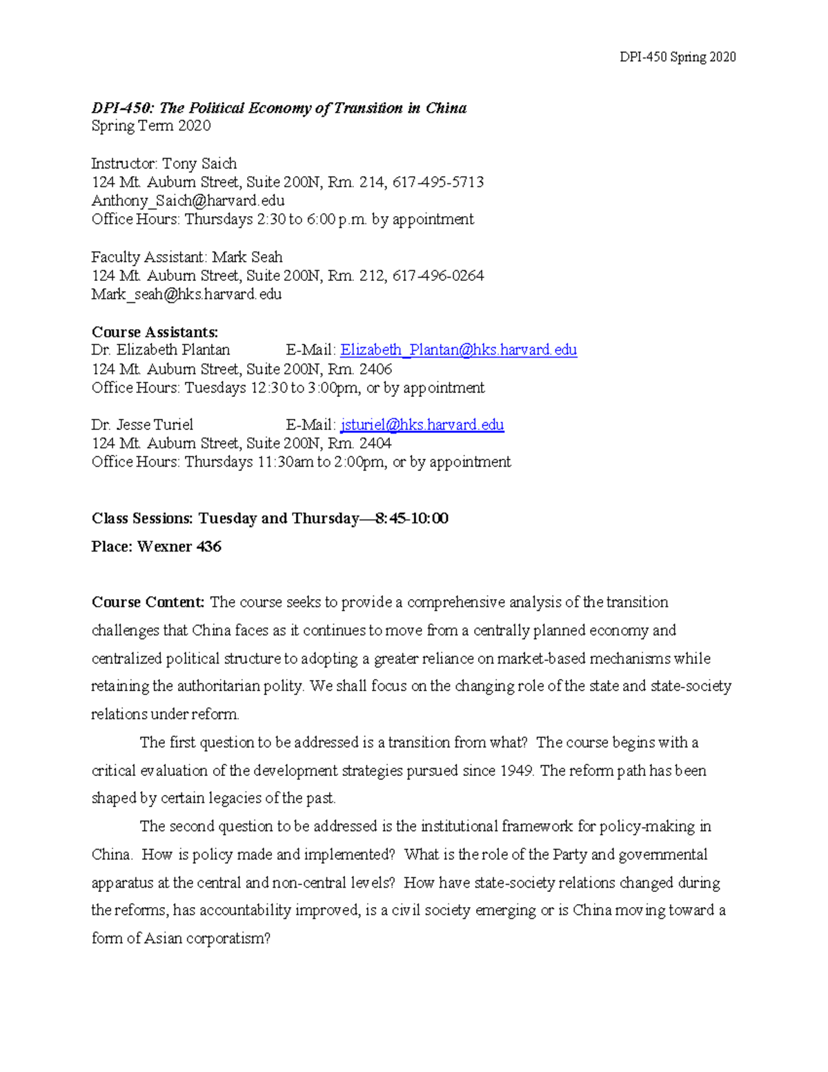 DPI 450 Syllabus - DPI-450 Spring 2020 DPI-450: The Political Economy ...