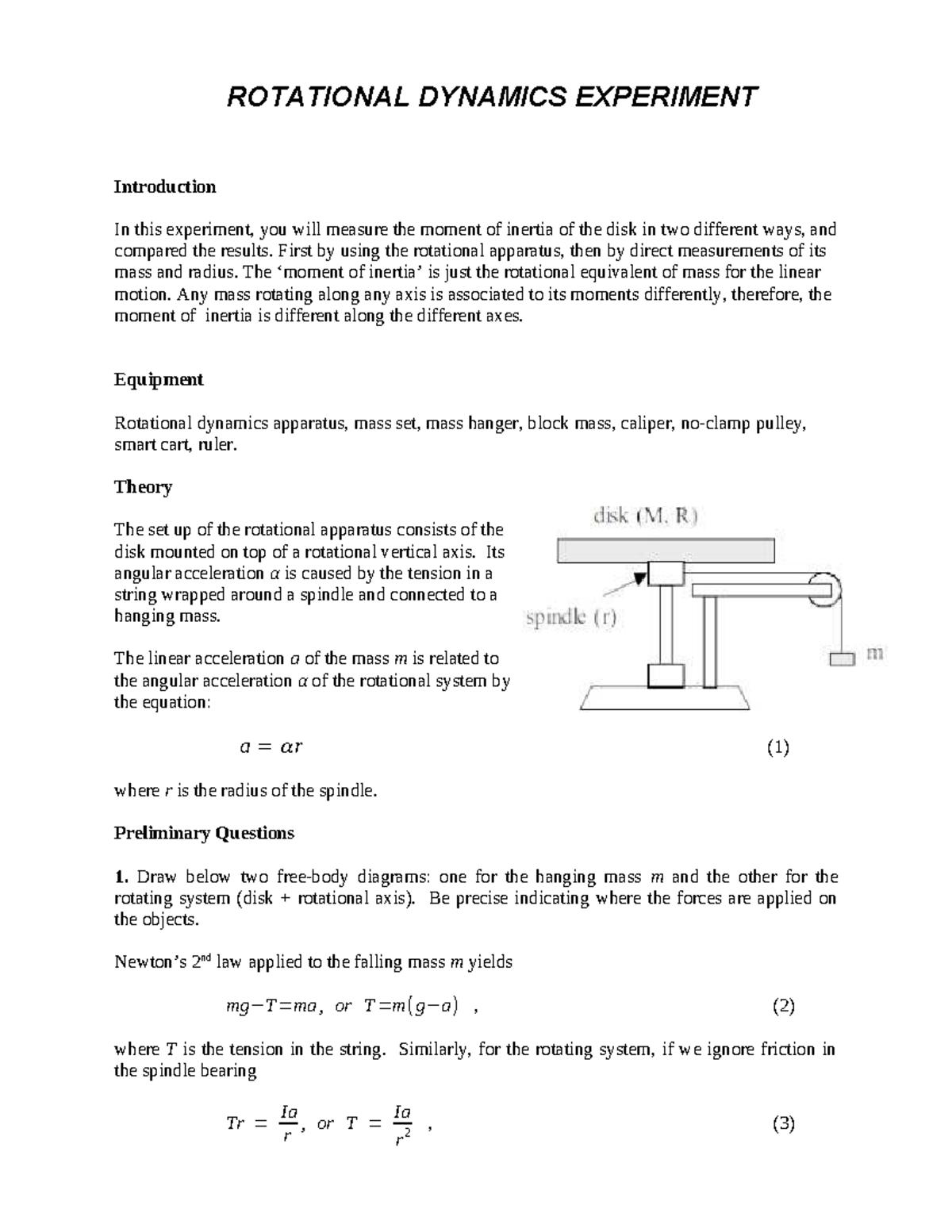 Rotational Dynamics Lab: Moment of Inertia Measurement Experiment - Studocu