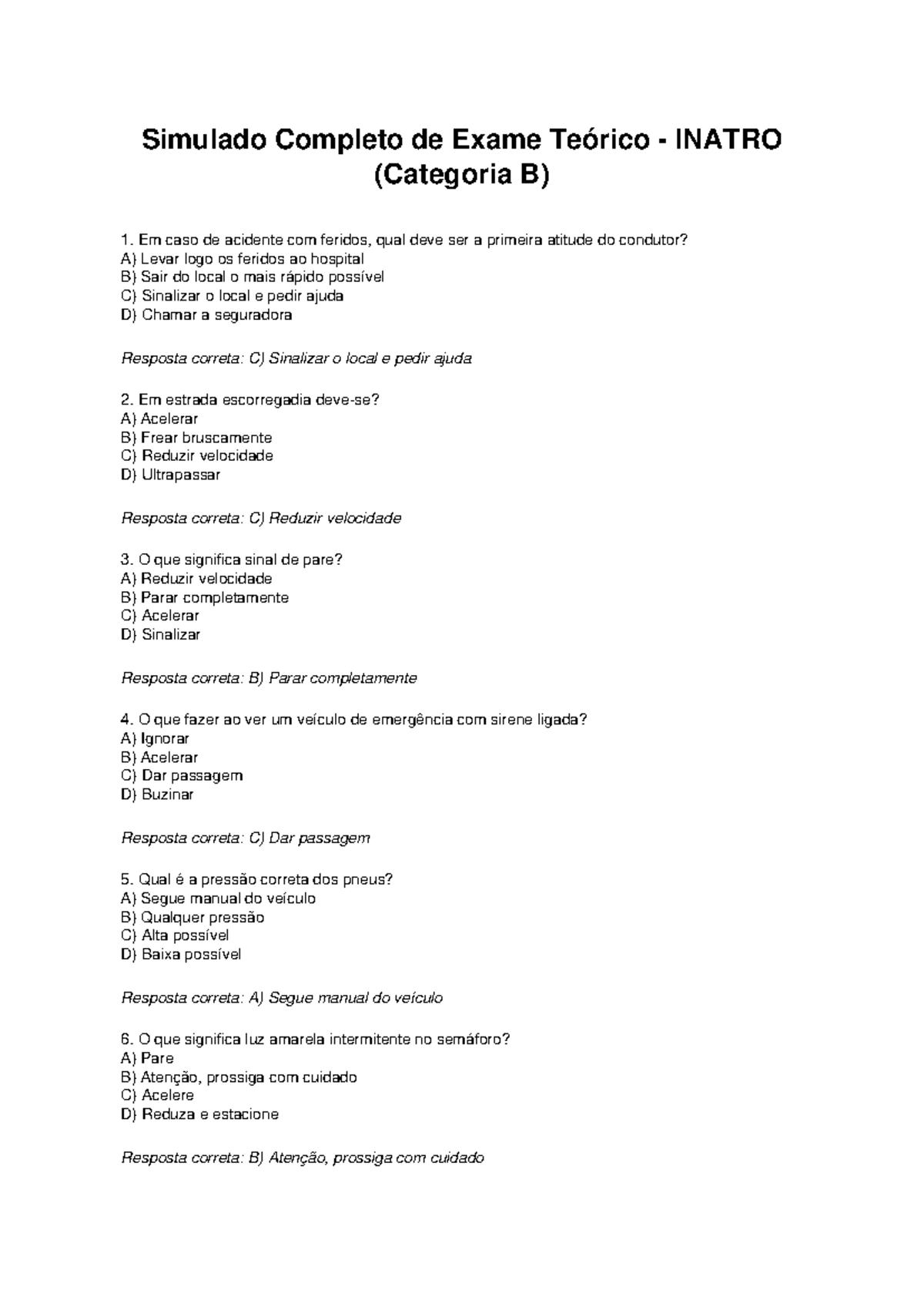 Simulado Completo INATRO - Exame Teórico Categoria B - Studocu
