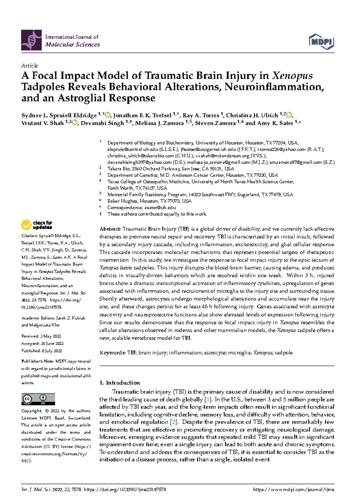 A Focal Impact Model of TBI in Xenopus Tadpoles: Insights into ...