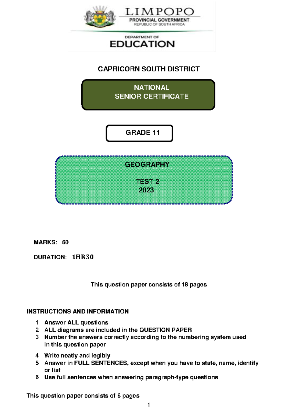 Grade 11 Geography Test 2 (2023) - Question Paper & Instructions - Studocu