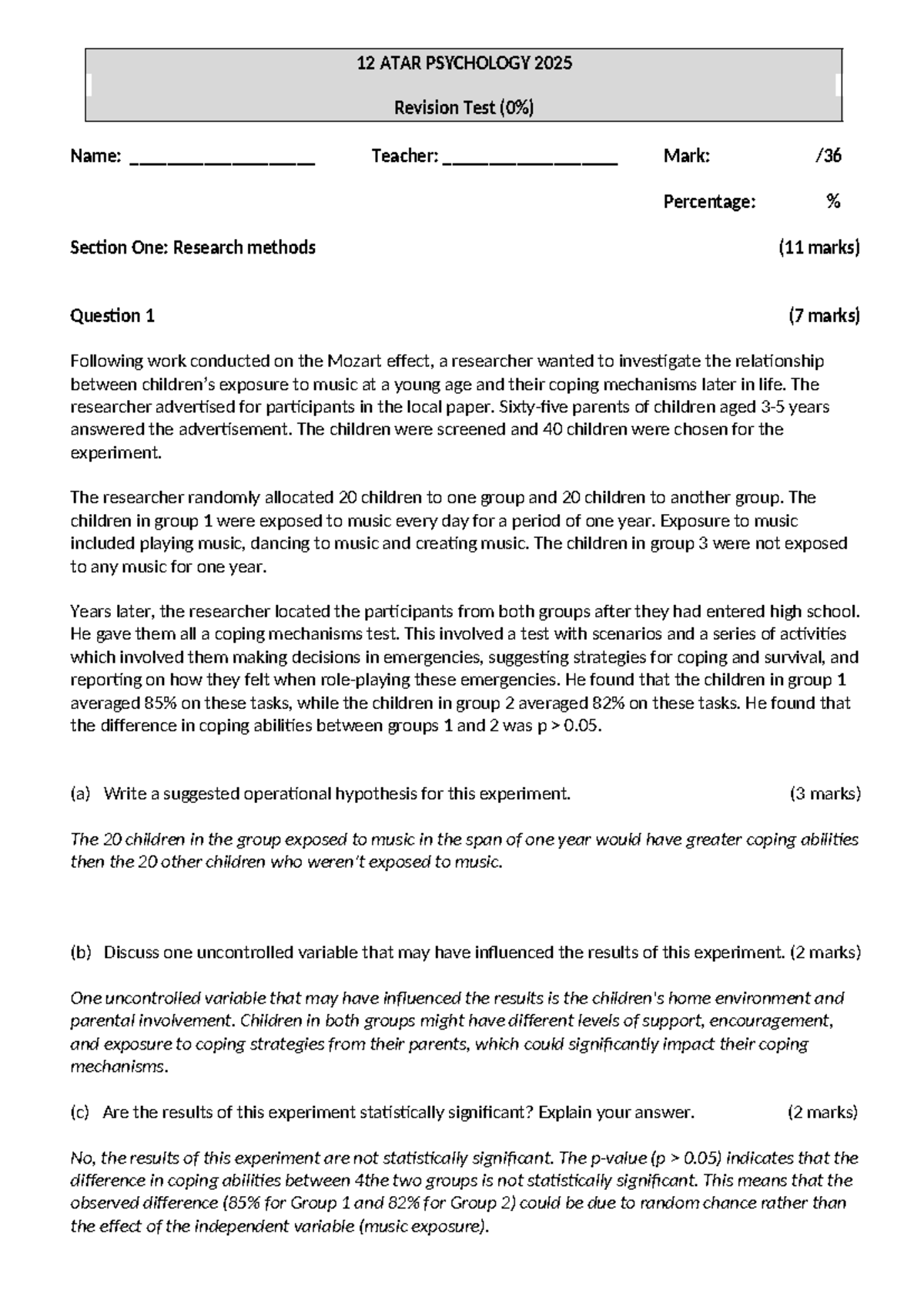 12 ATAR PSYCHOLOGY 2025 Revision Test: Research Methods & Data Analysis ...