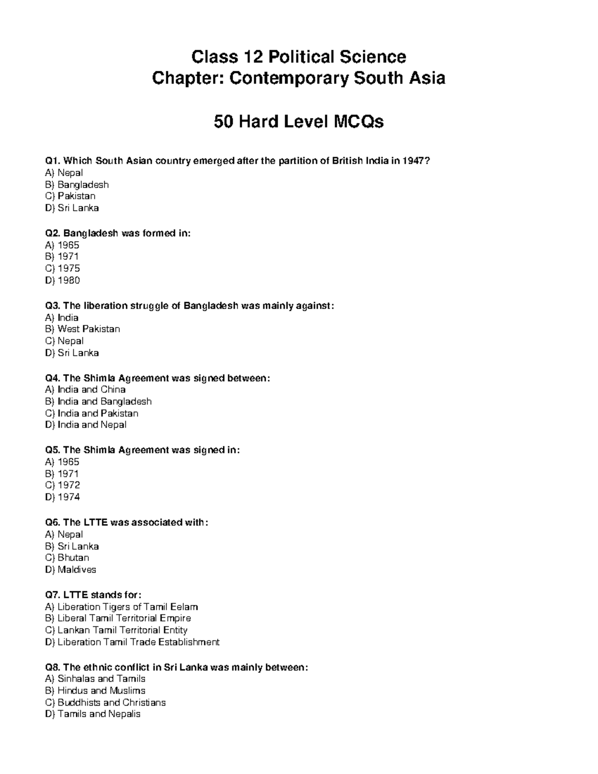 Class 12 Political Science Chapter: 50 Hard MCQs on Contemporary South ...