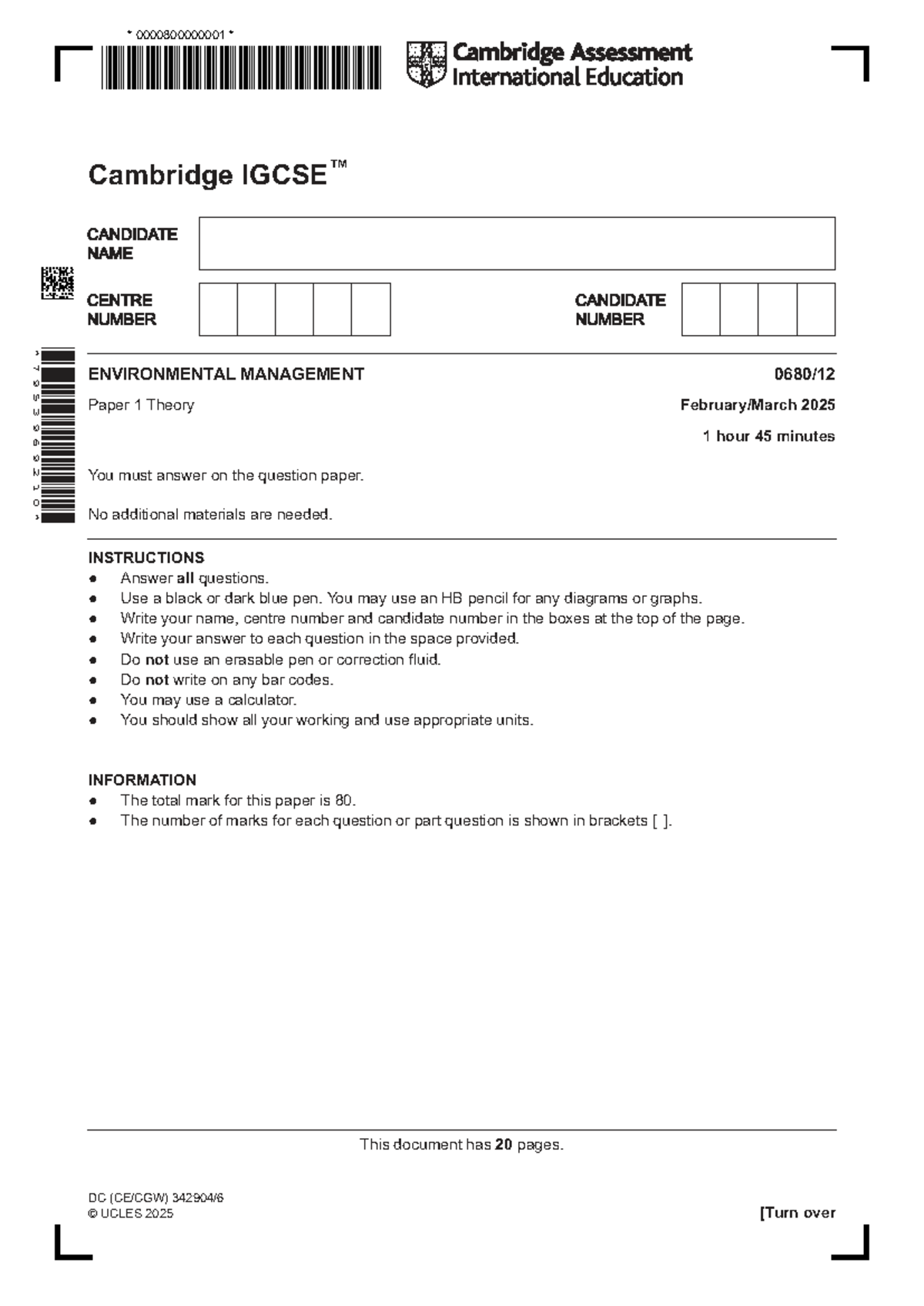 Cambridge 0680/12 Environmental Management Paper 1 Theory 2025 Exam ...