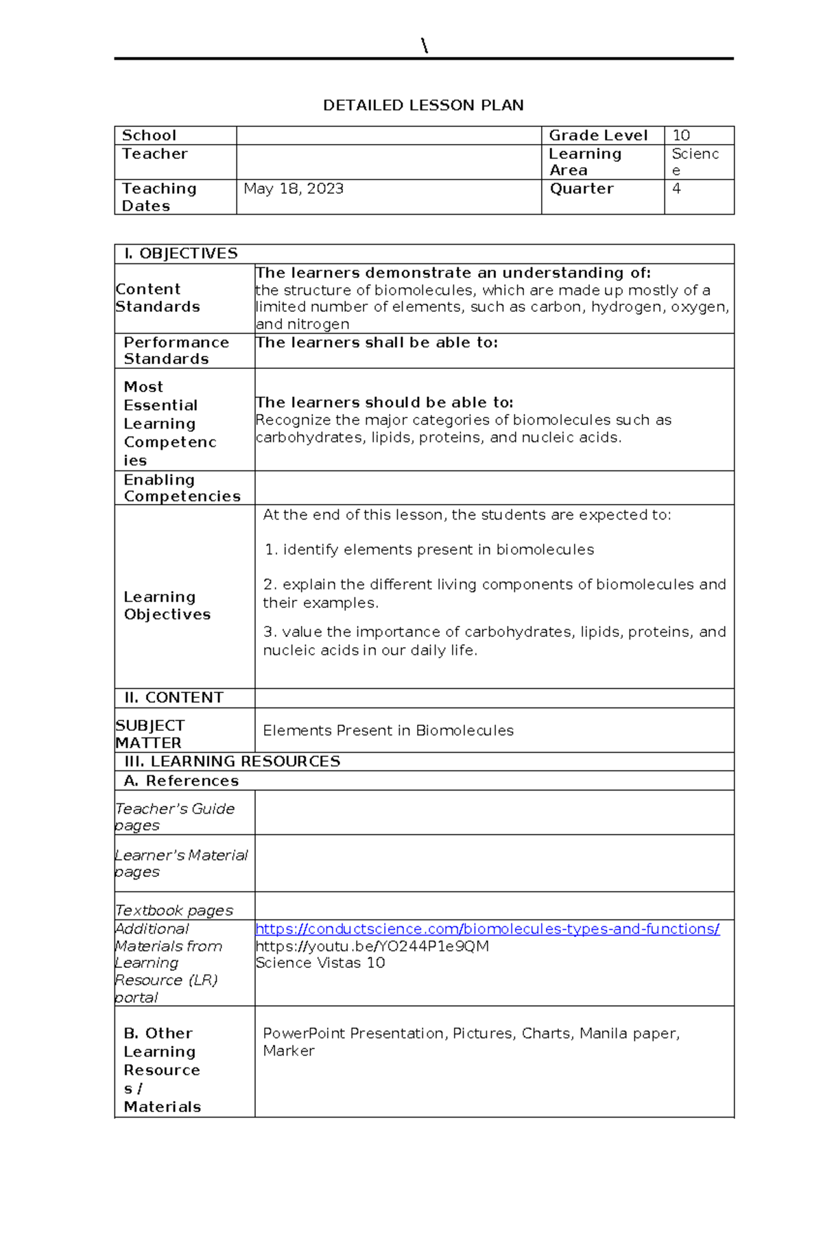 Biomolecules Lesson Plan (Chemistry 10) - May 18, 2023 - Studocu