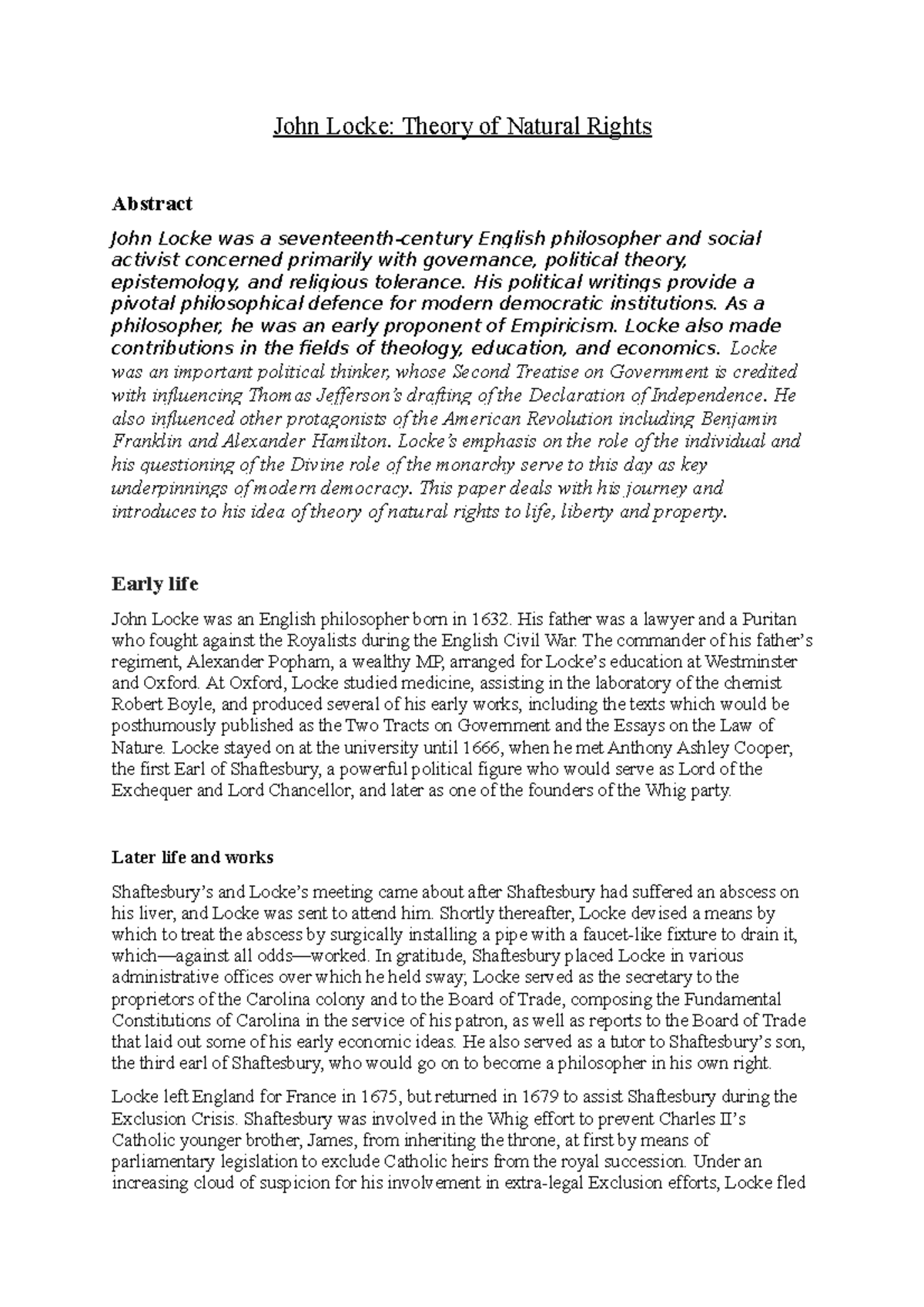 Assignment - John Locke's Natural Rights Theory - 20203818 - Studocu