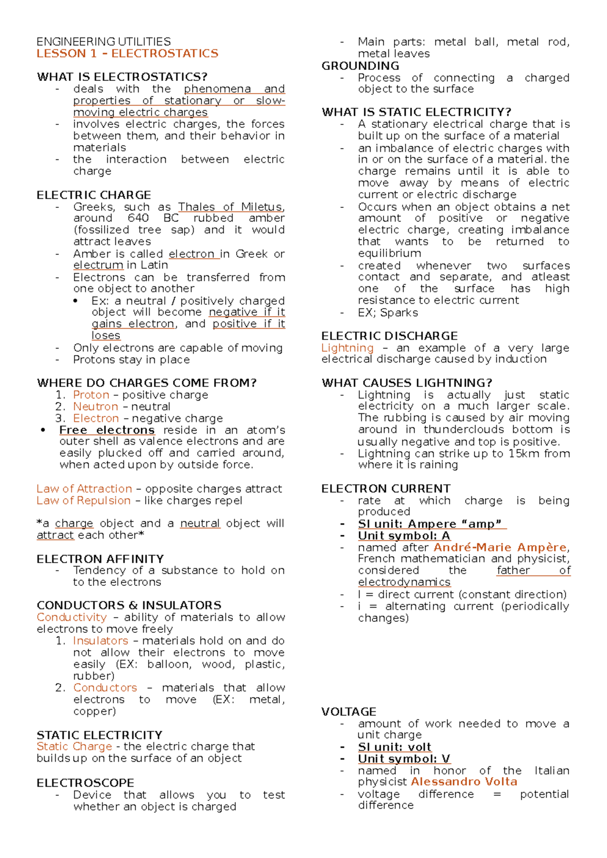 ENGG UTILITIES LESSON 1: INTRODUCTION TO ELECTROSTATICS - Studocu