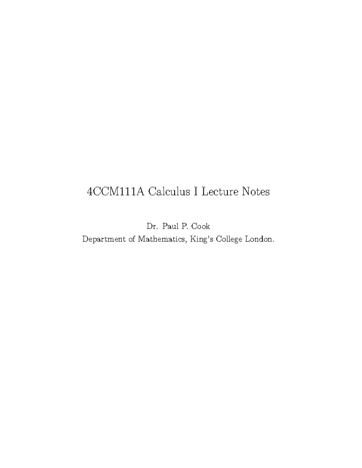 Calculus I 4ccm111a Lecture Notes Fundamental Concepts And